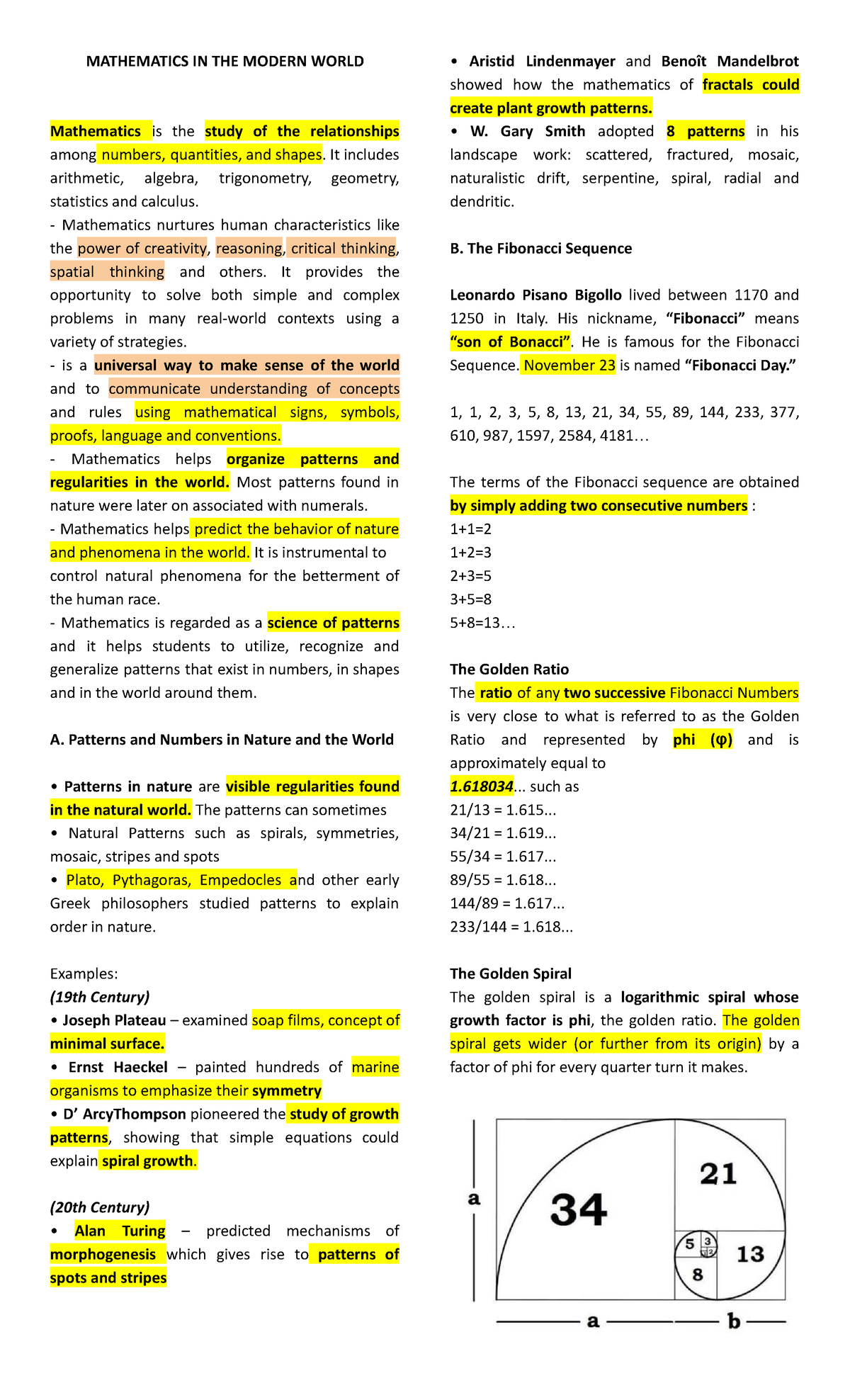 MMW 101: Patterns and Mathematics in the Modern World Review - Studocu