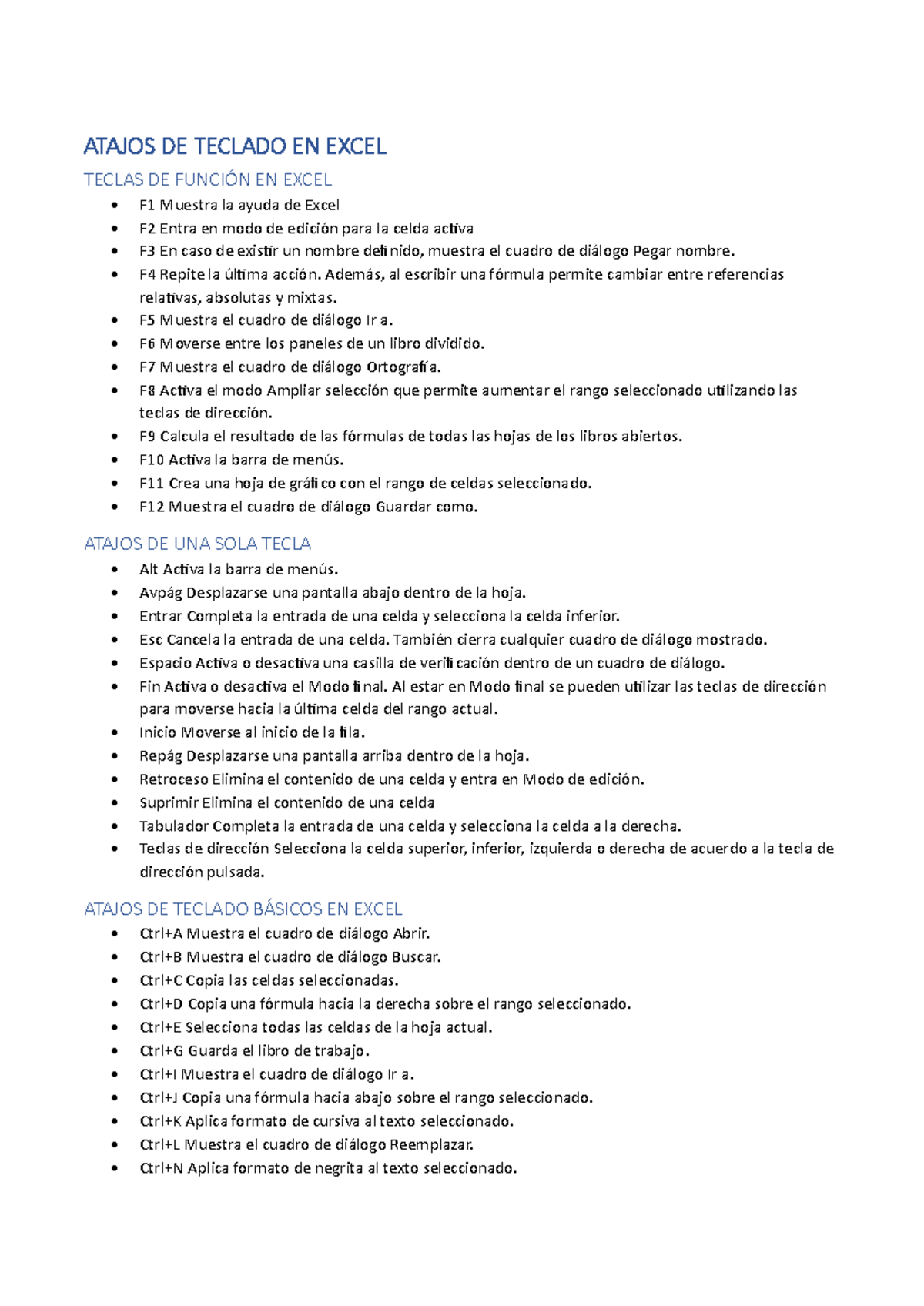 Atajos de Teclado en Excel: Funciones y Comandos Esenciales - Studocu
