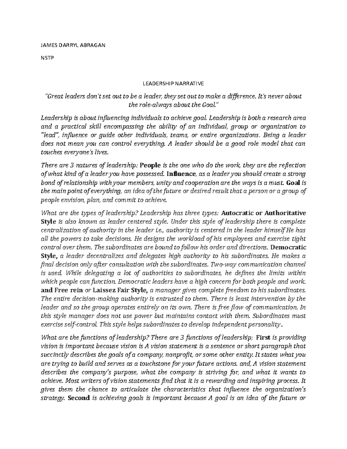 NSTP Leadership Narrative Report: Insights on Effective Leadership ...