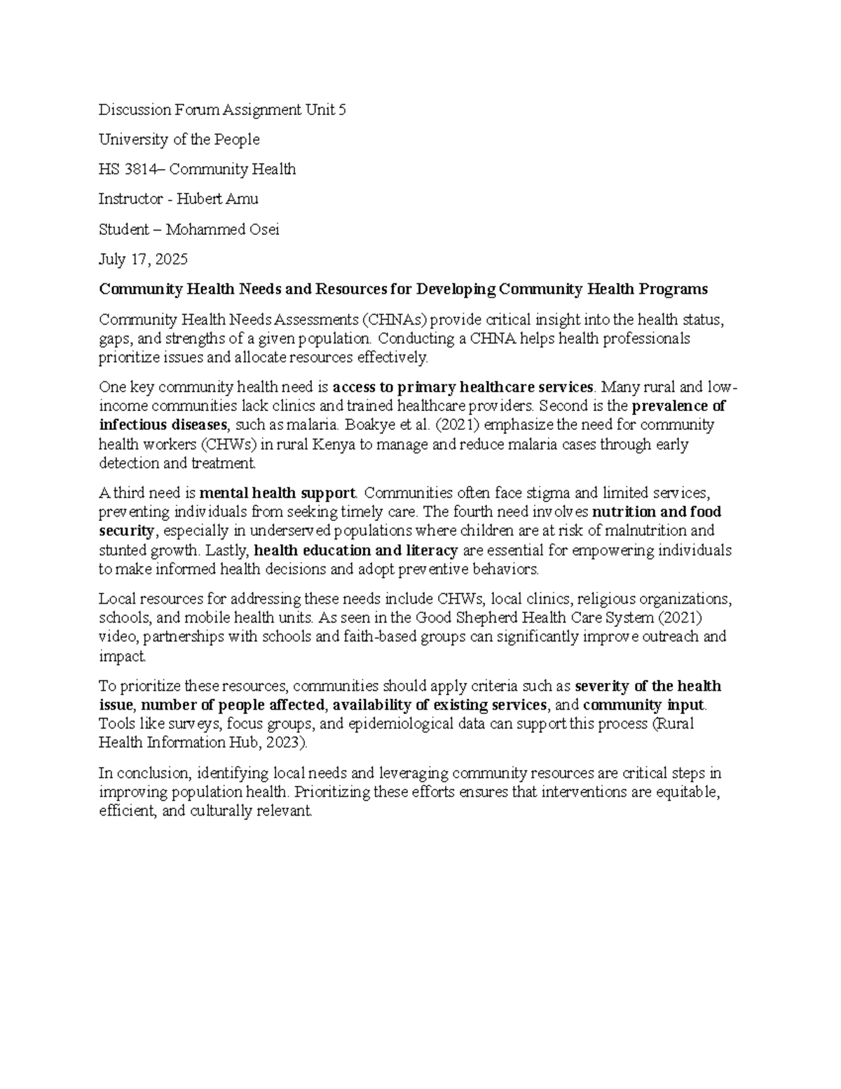 Discussion Forum Assignment Unit 5: Community Health Needs Analysis ...
