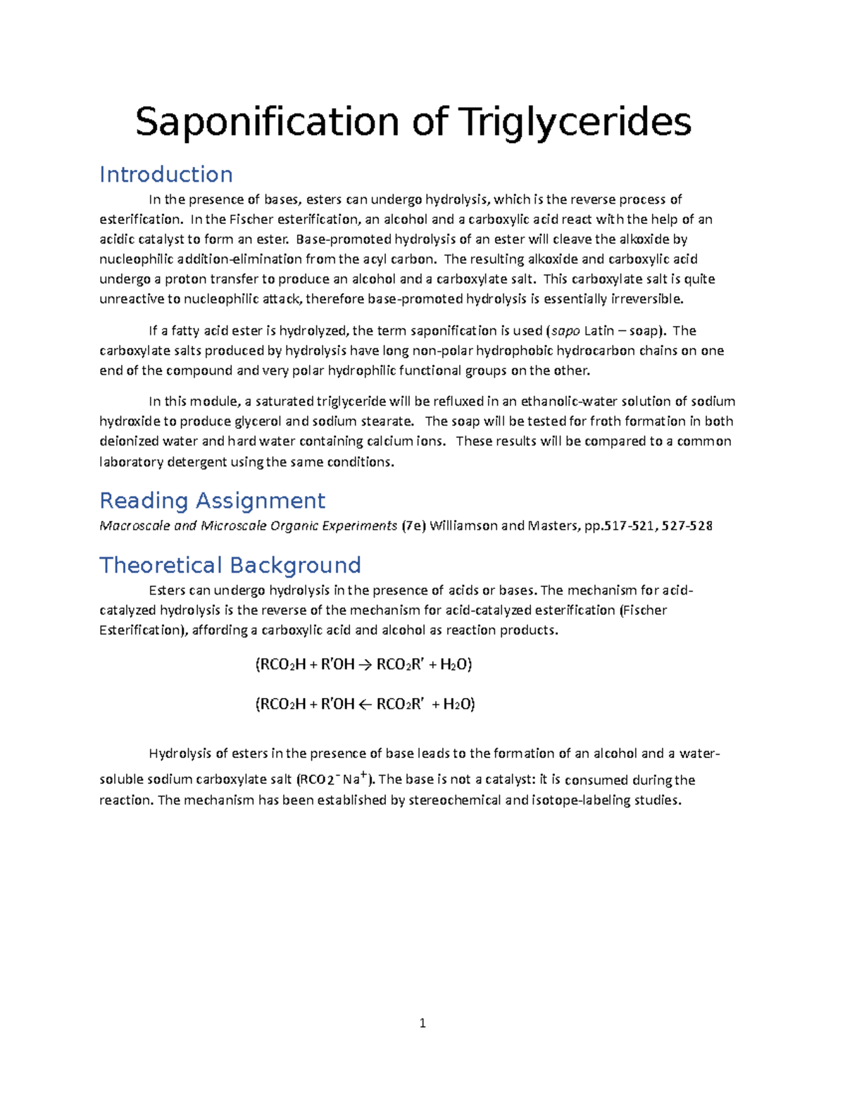 Spring 2023 3220 Lab on Triglycerides Saponification and Soap Formation ...