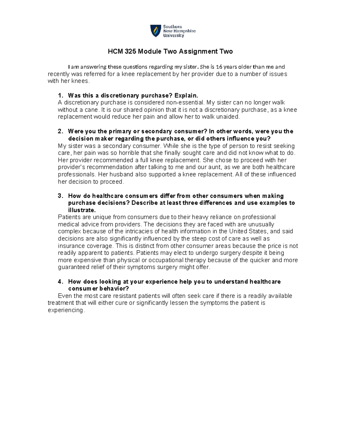 HCM 325 Module 2 Assignment: Analyzing Healthcare Consumer Behavior ...