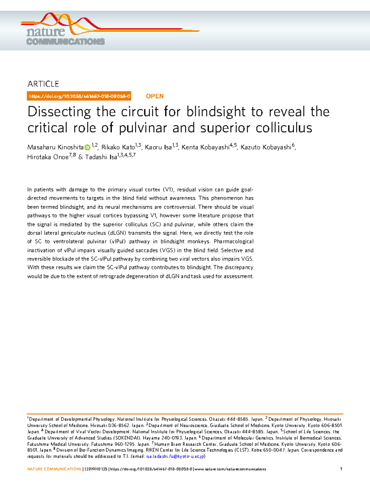 Dissecting Blindsight Mechanisms: Role of SC and Pulvinar (Kinoshita ...