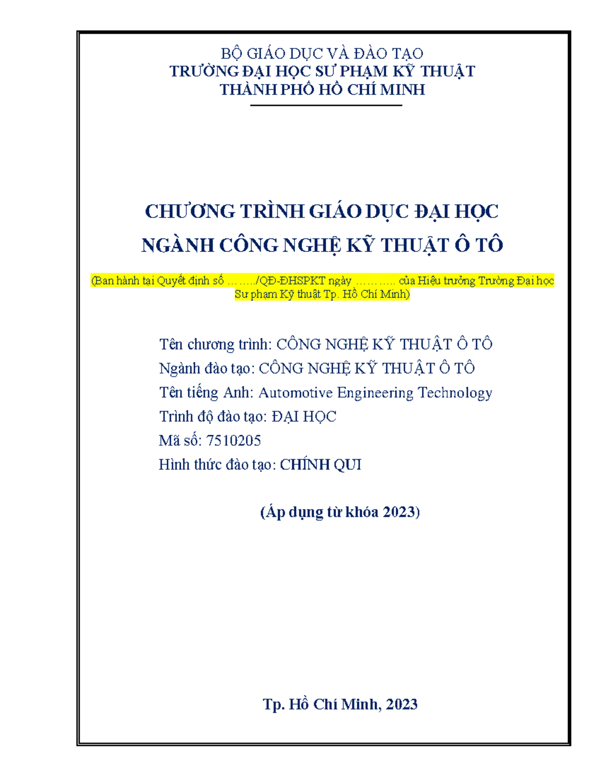 Chương Trình Đào Tạo Ngành CNKT Ô Tô 2023-2024 - ĐH Sư Phạm Kỹ Thuật ...