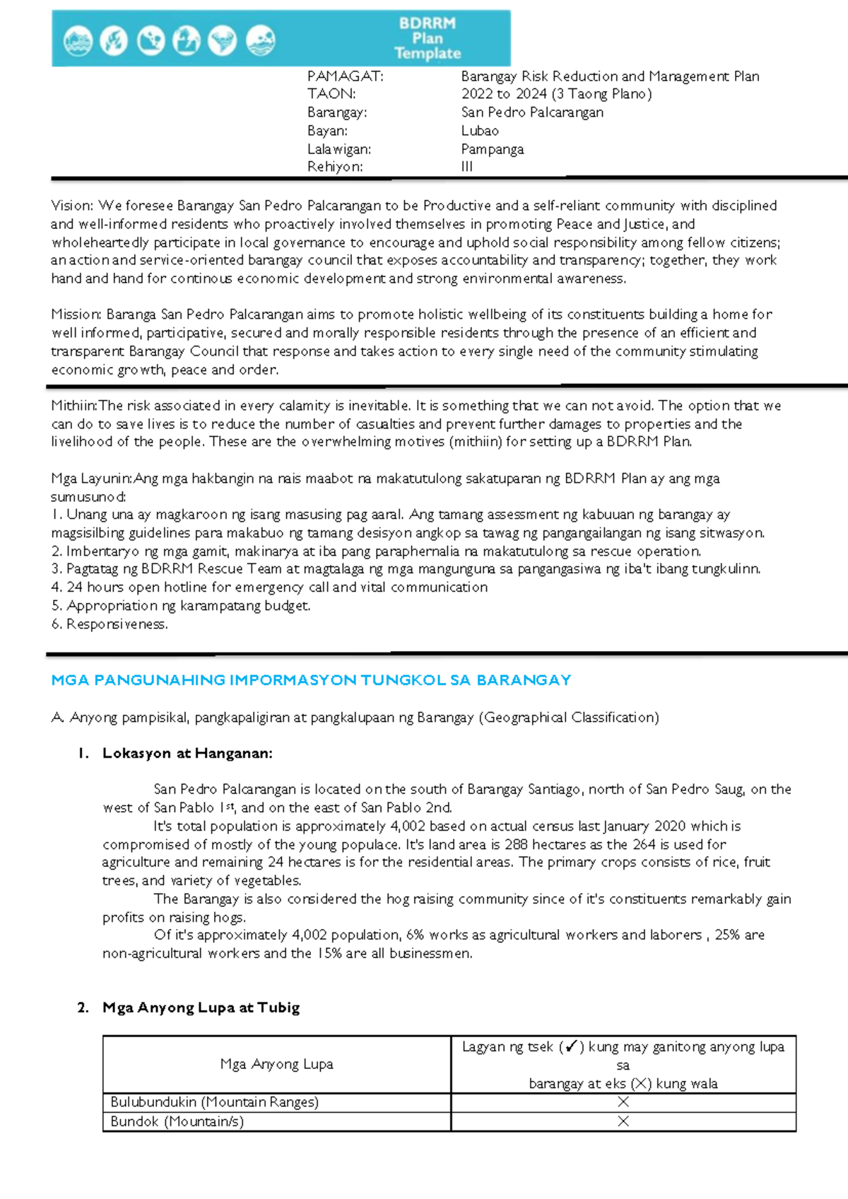 Barangay BDRRM Plan Template 2022: San Pedro Palcarangan, Pampanga ...
