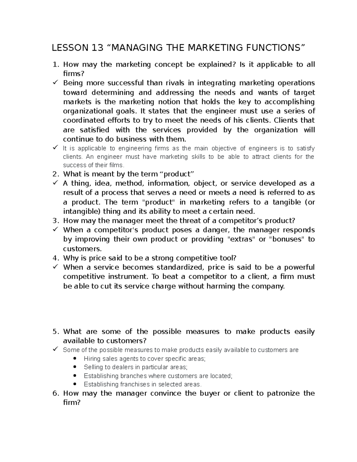 Lesson 13 MANAGING THE MARKETING FUNCTION - LESSON 13 “MANAGING THE ...