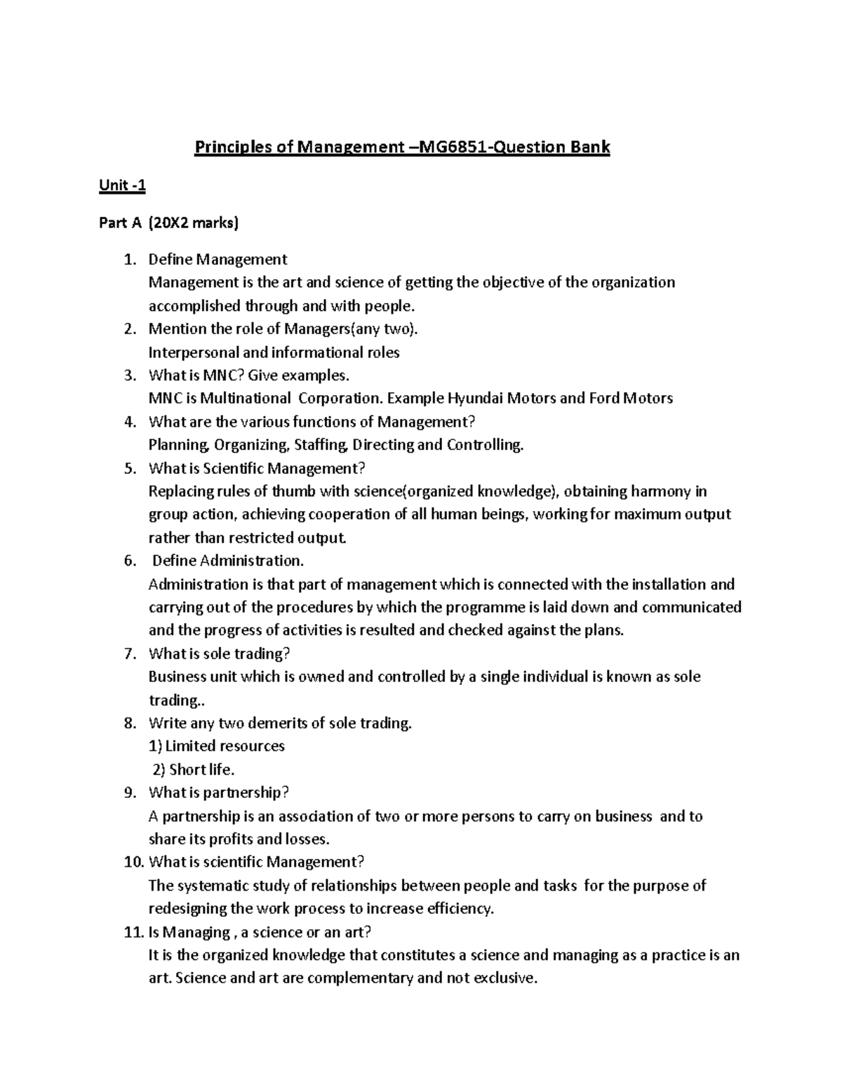 Principles of Management - MG6851 - Comprehensive Question Bank - Studocu