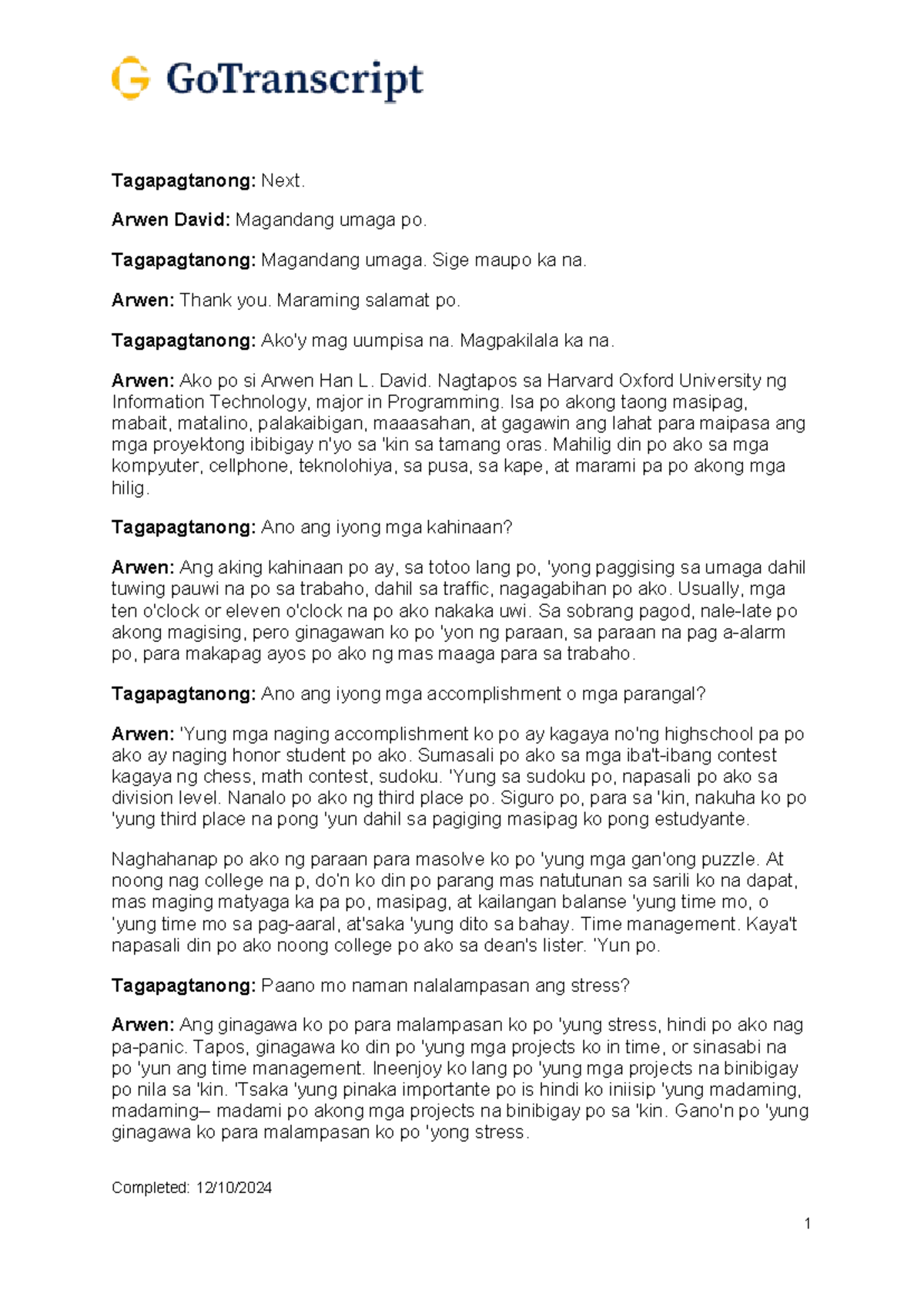 CV Filipino Interview Sample: Arwen David's Responses and Strategies ...