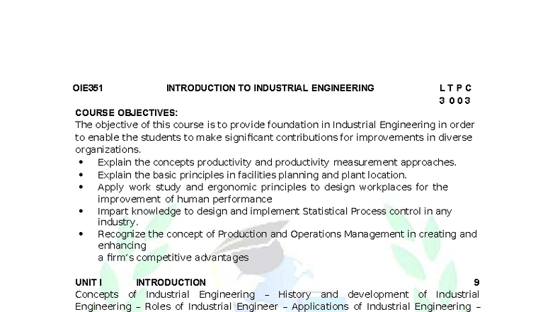 OIE351 Introduction to Industrial Engineering Course Overview - Studocu
