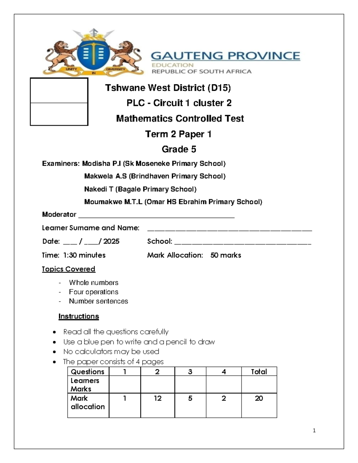 Grade 5 Mathematics Controlled Test Term 2 (D15) - Paper 1 - Studocu