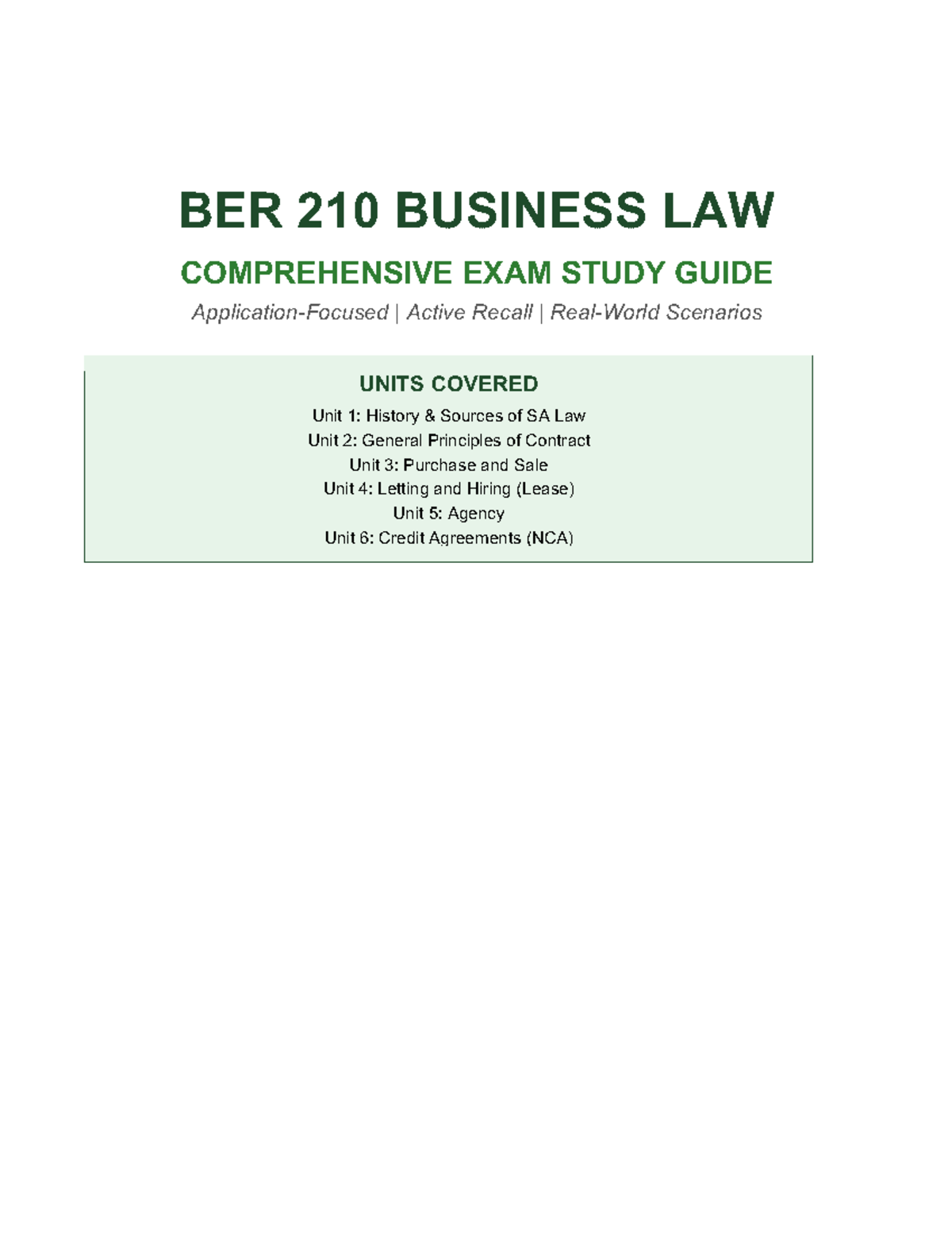 BER 210 BUSINESS LAW COMPREHENSIVE EXAM STUDY GUIDE: Key Concepts ...