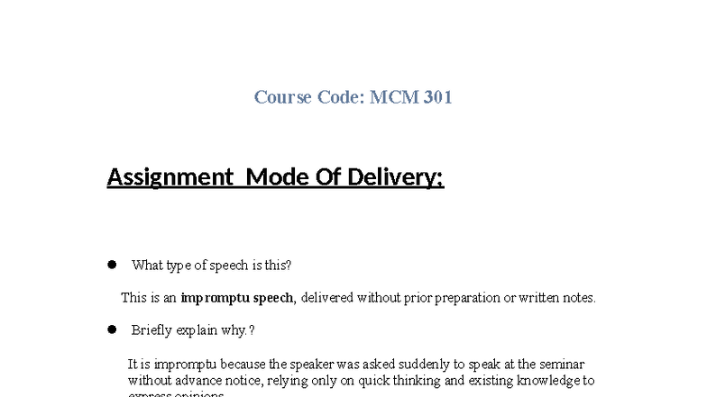 MCM 301 Assignment: Understanding Impromptu Speech Delivery - Studocu