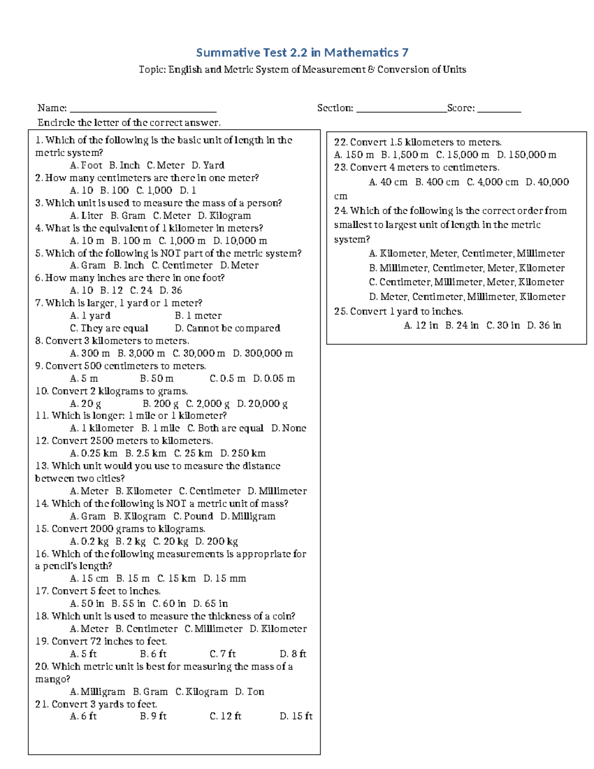 Summative Test 2.2: Measurement Conversion in Math 7 - Studocu