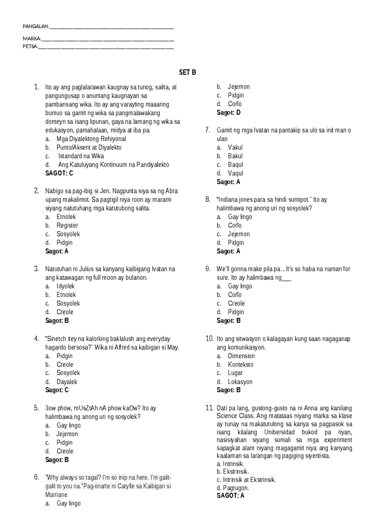 SET B - REVIEW MATERIALS FOR FILIPINO SUBJECT - Studocu