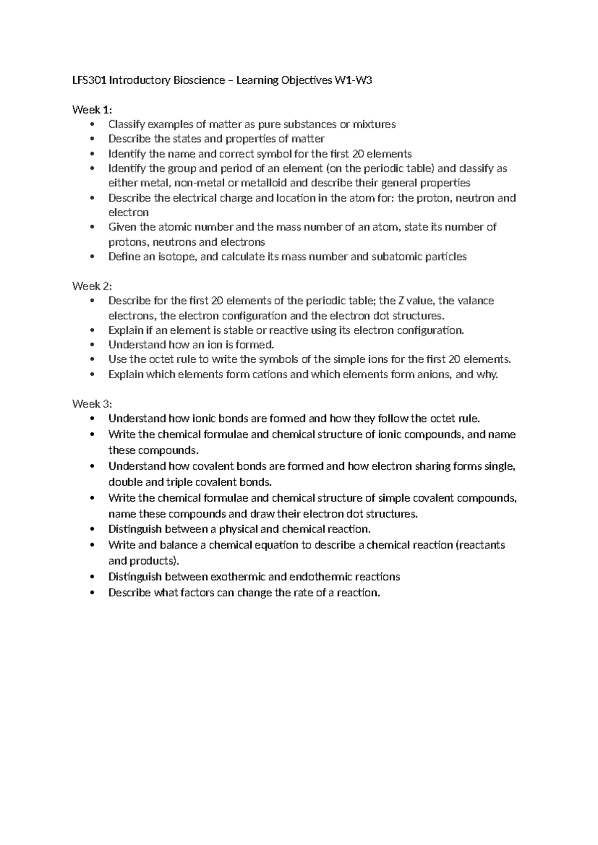 LFS301 Introductory Bioscience Learning Objectives Weeks 1-3 - Studocu