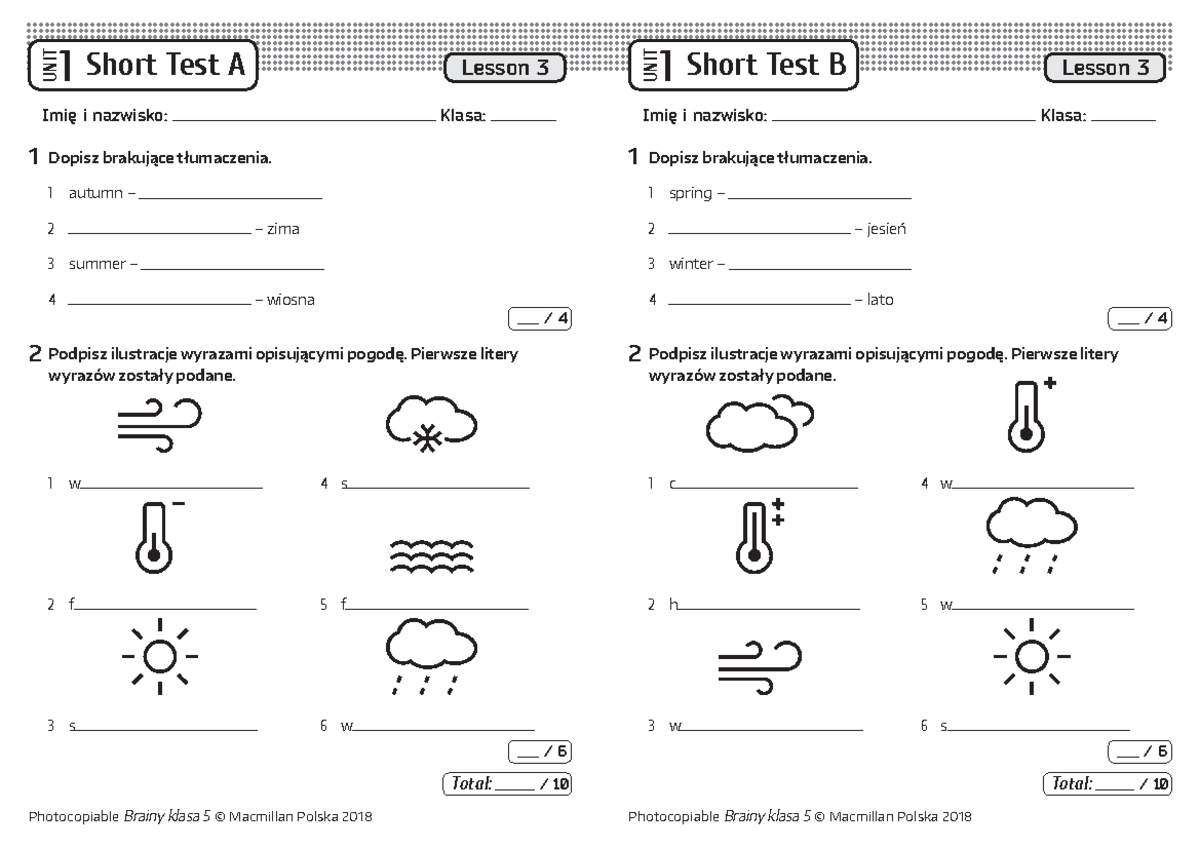 Brainy 5 Short Tests Unit 1 Lesson 3 - Imię i nazwisko: Klasa: Imię i ...