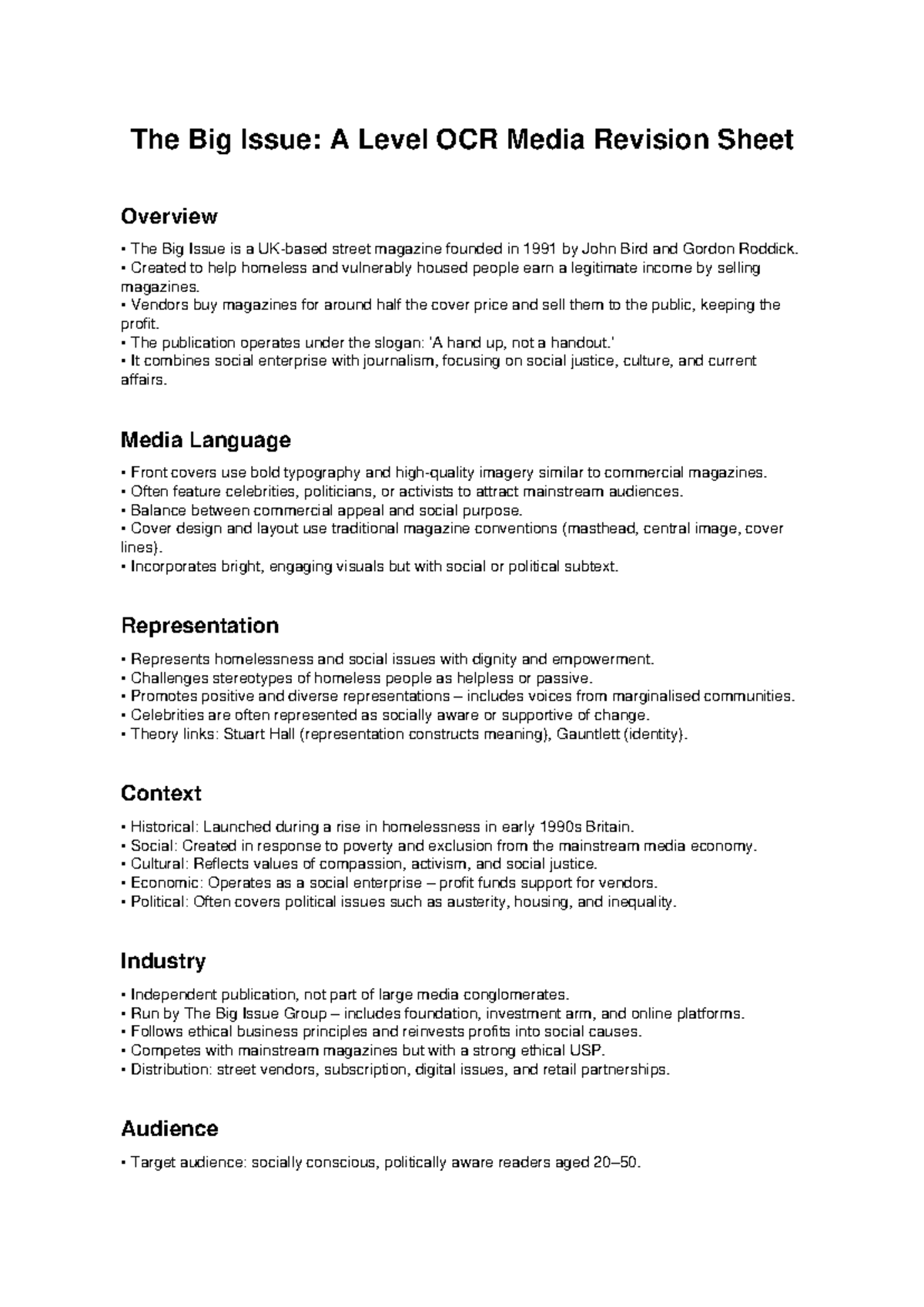 A Level OCR Media: The Big Issue Revision Overview - Studocu