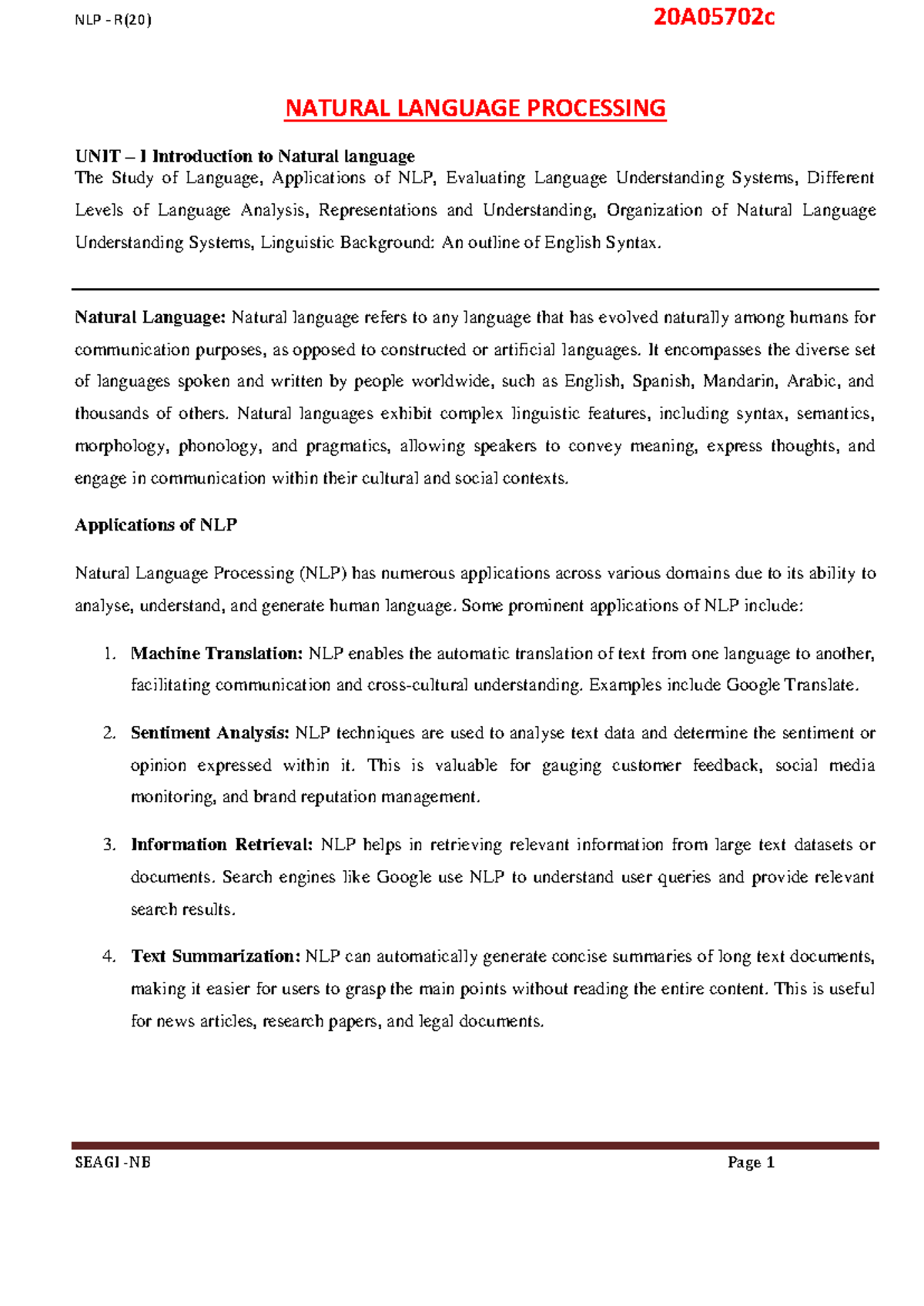 Unit 1 Nlp R20 Notes Natural Language Processing Unit I Introduction To Natural Language 4391