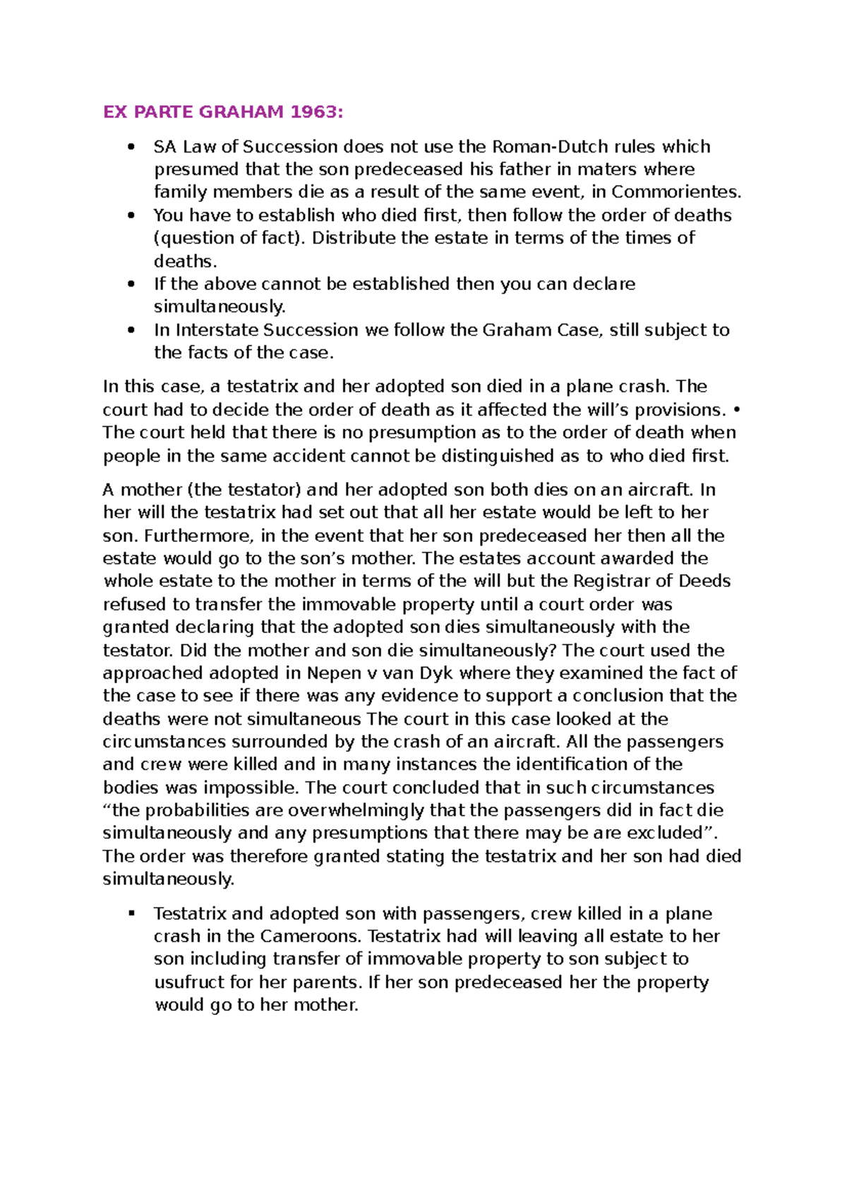 EX PARTE GRAHAM & GREYLING: Simultaneous Death in Succession Law - Studocu