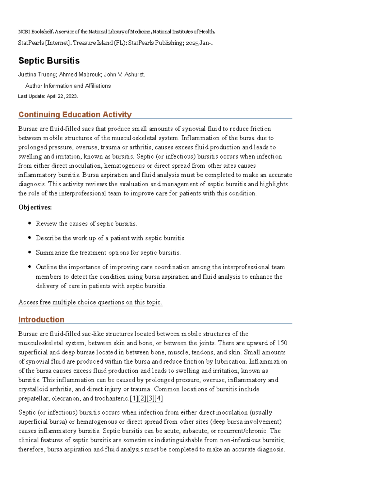 Septic Bursitis Overview - StatPearls - NCBI Bookshelf - Studocu