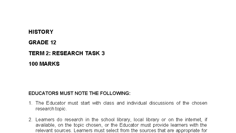HISTORY GRADE 12 TERM 2: RESEARCH TASK 3 ON PLAGIARISM AND SOURCING ...