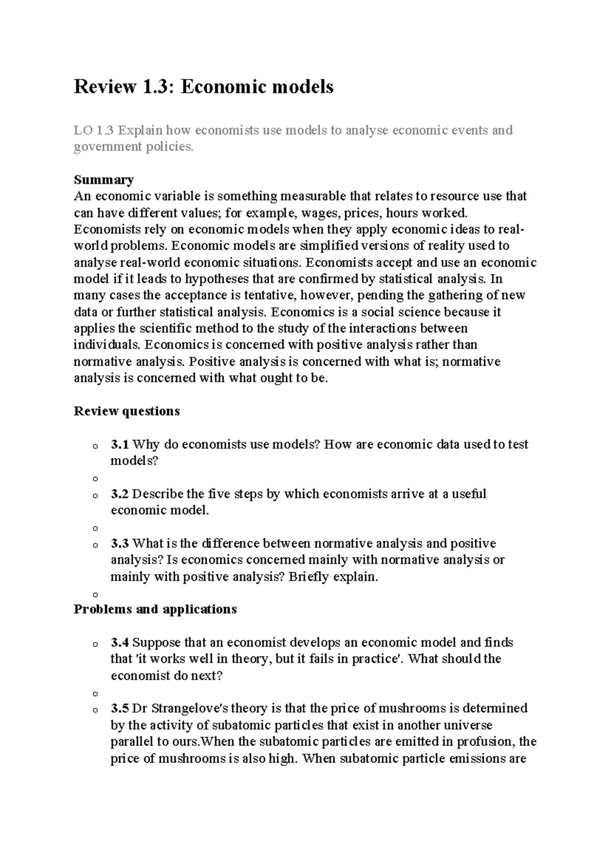 Review 1.3: Economic Models in Analyzing Events & Policies - Studocu