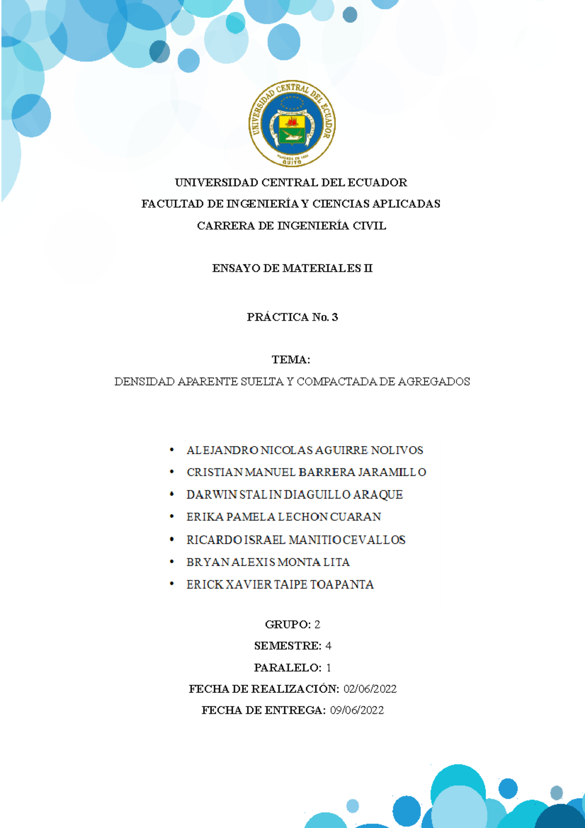 Informe 3: Densidad Aparente Suelta y Compactada de Agregados - Ing ...