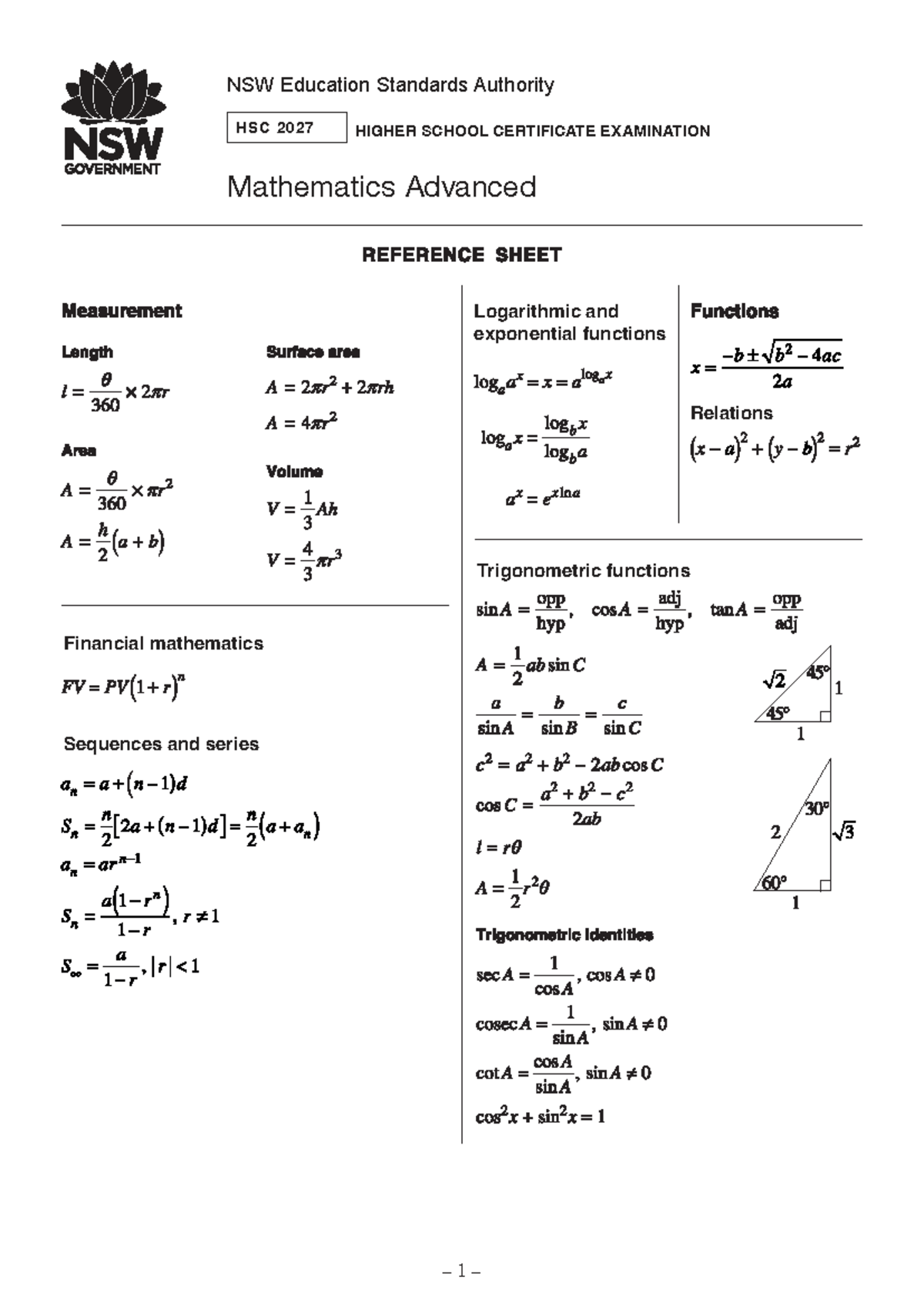 2027HSC mathematics-advanced-11-12-2024-reference-sheet - – 1 – NSW ...