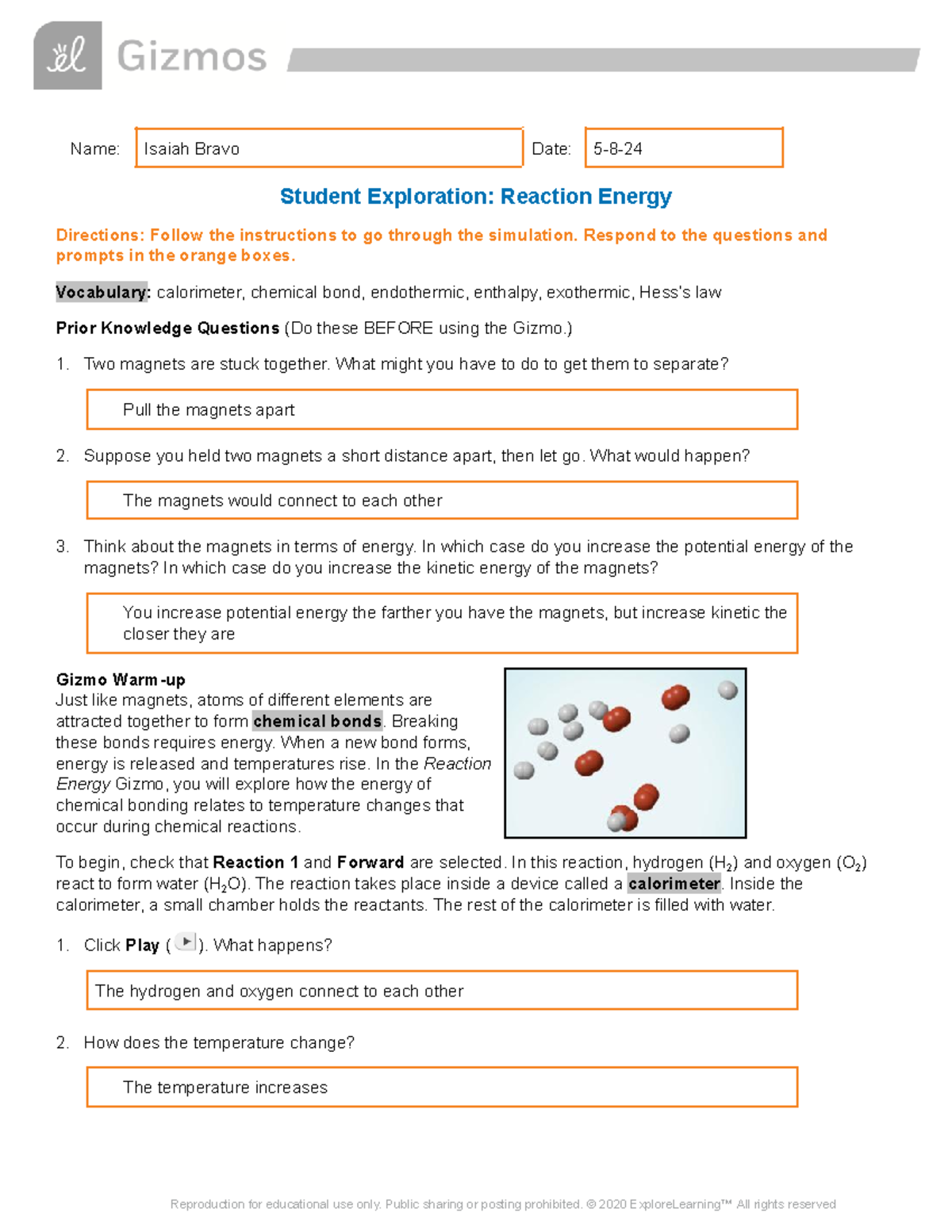 Student Exploration: Reaction Energy SE - Understanding Chemical Bonds ...