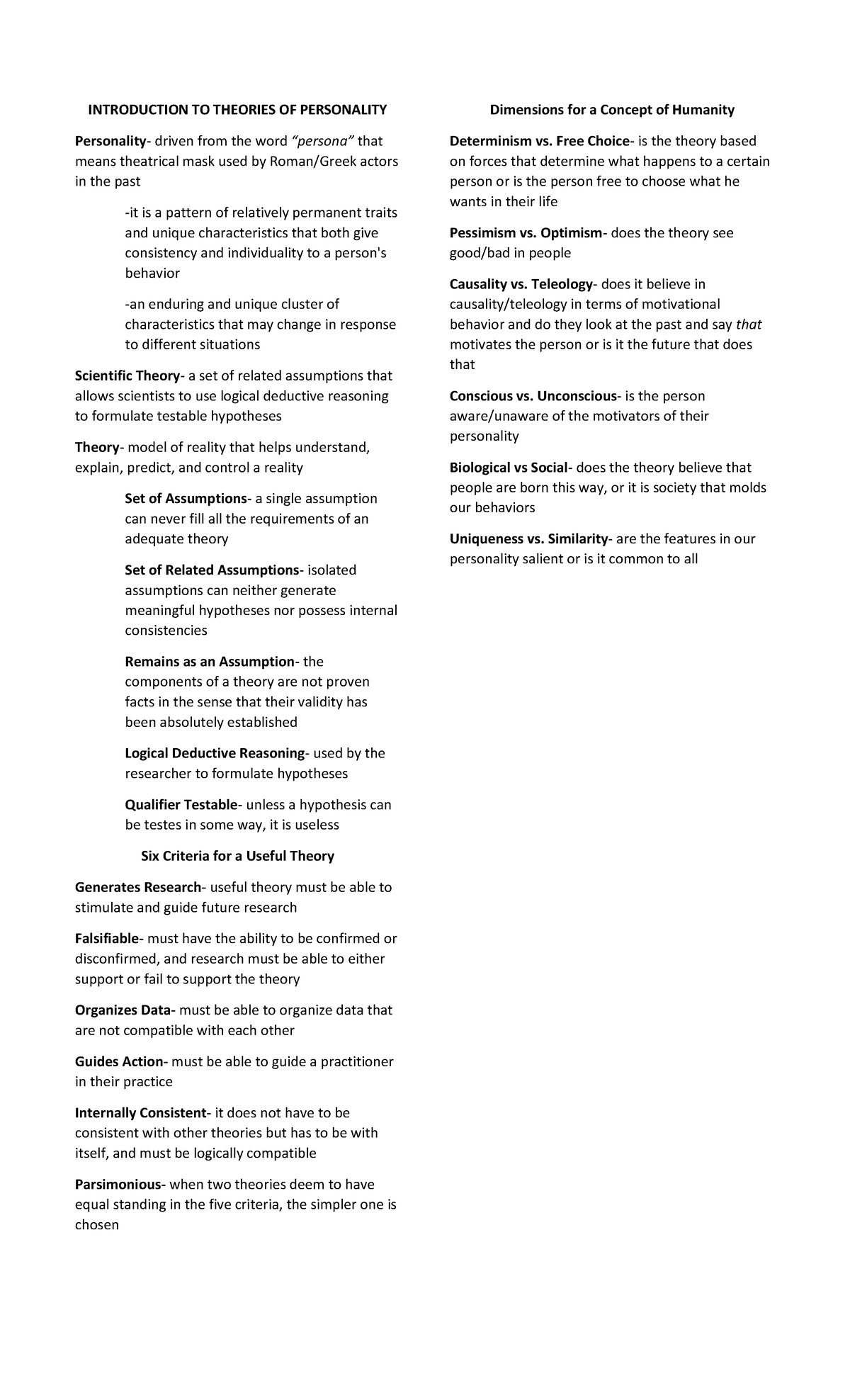 1. Introduction to Theories of Personality Notes - INTRODUCTION TO ...