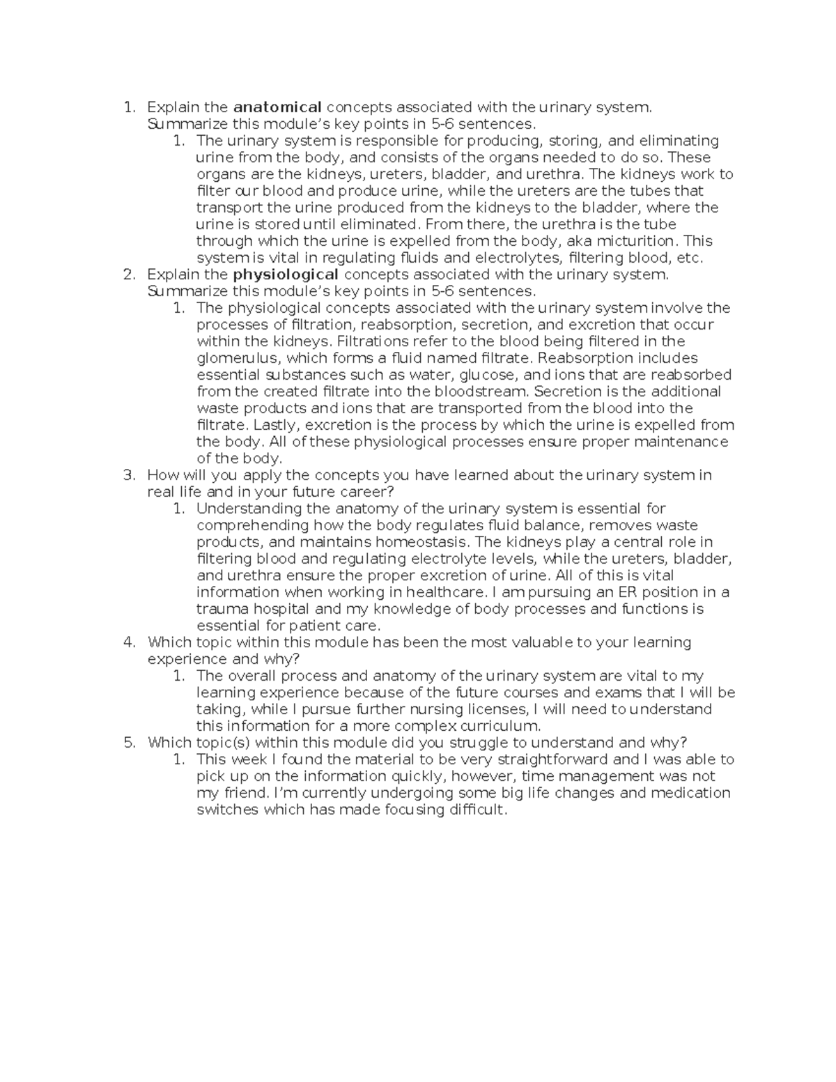 A&P II Module Reflection: Understanding the Urinary System Concepts - Studocu