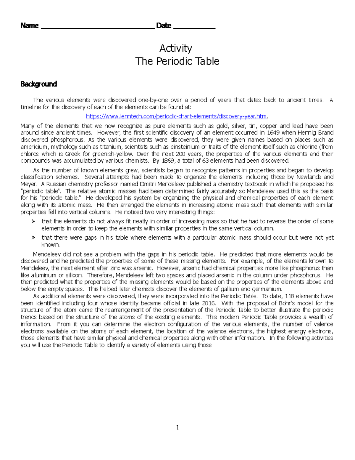 Pre Lab Activity - Identifying Unknown Elements in the Periodic Table ...