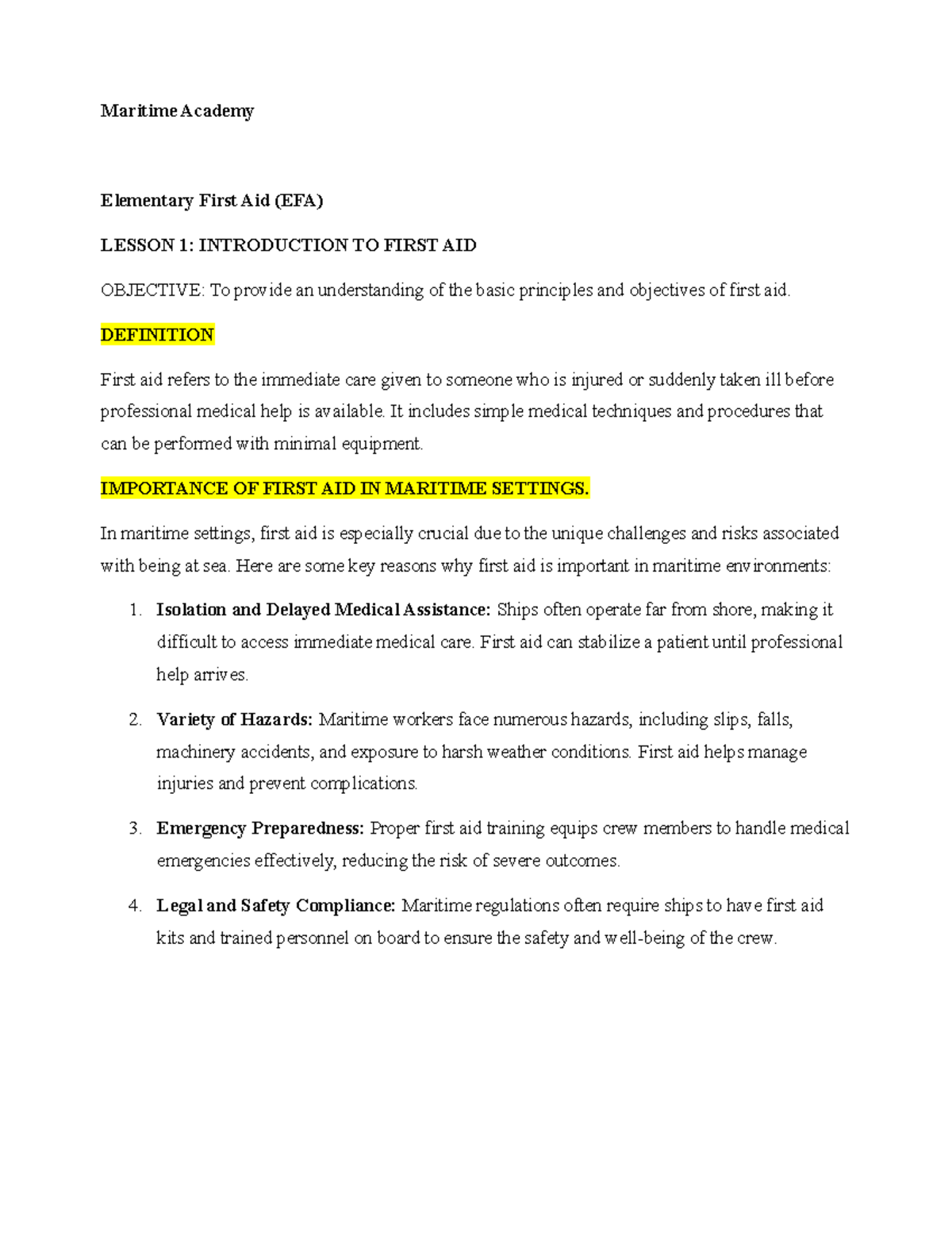 EFA 101 - Maritime Elementary First Aid: Comprehensive Lesson Notes ...