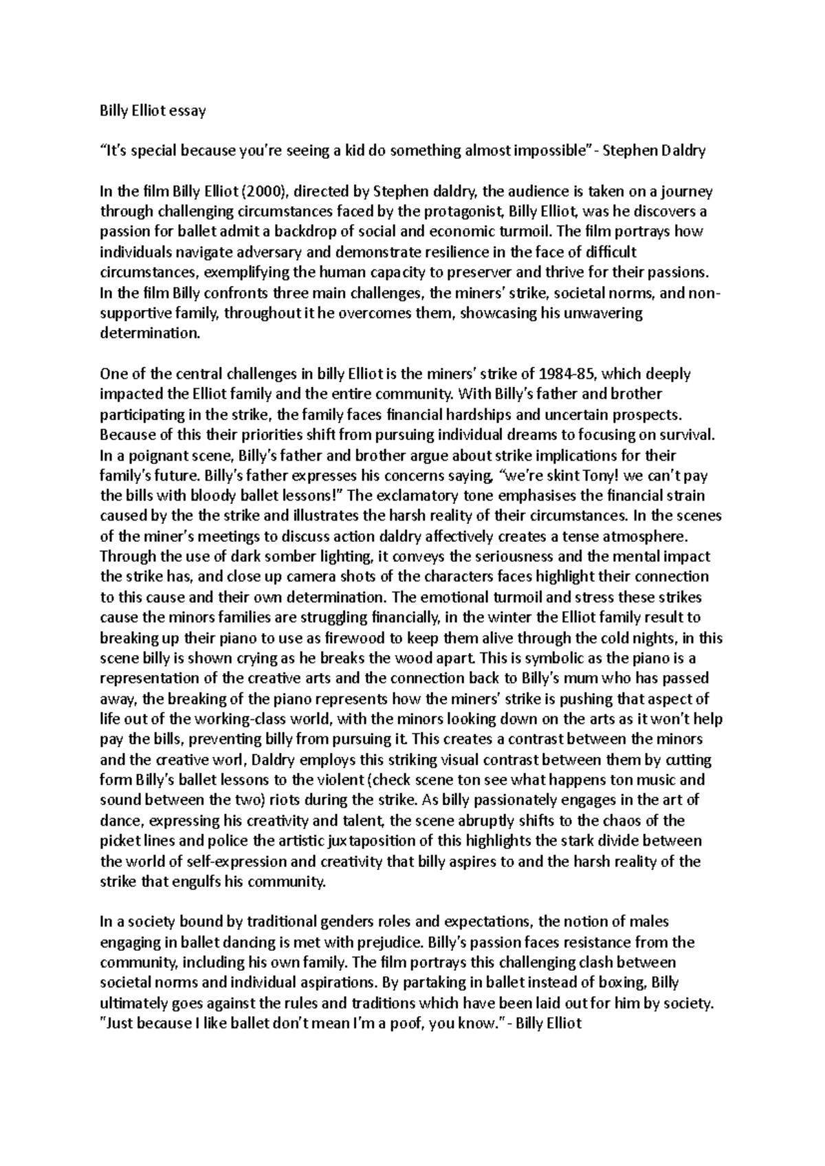 HSC Essay: Resilience and Determination in Billy Elliot's Journey - Studocu