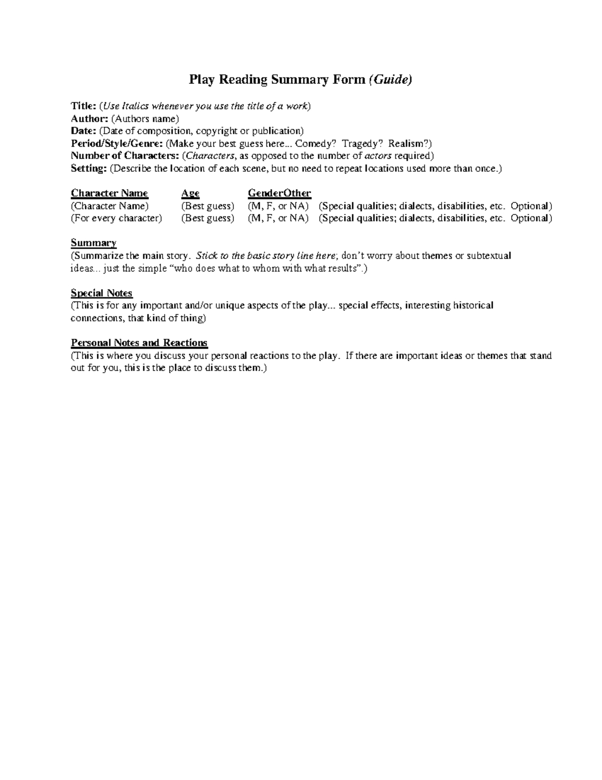 *Dramatic Lit: Play Reading Summary Form Guide* - Studocu