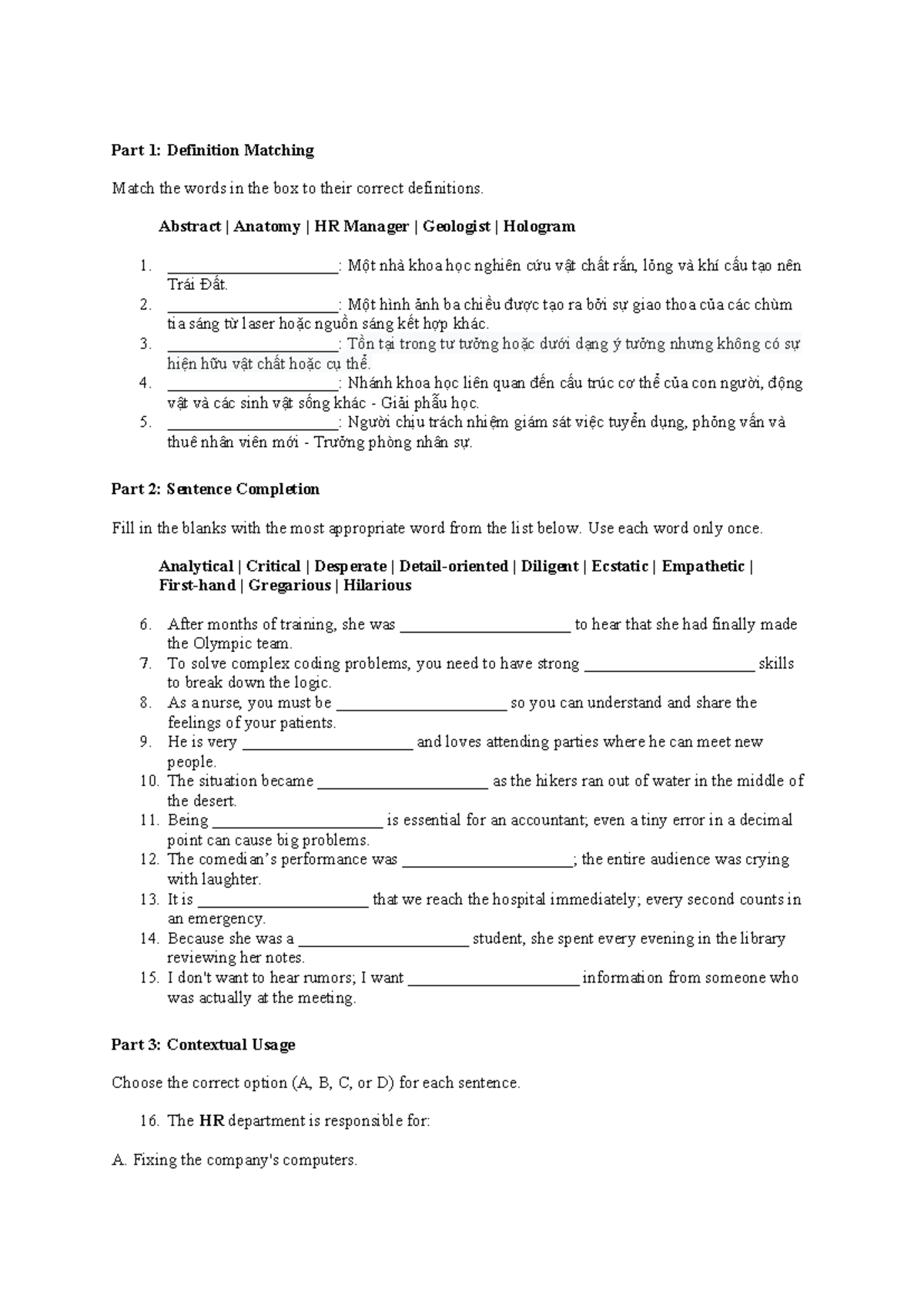 Part 1: Definition Matching & Sentence Completion Exercise - Studocu