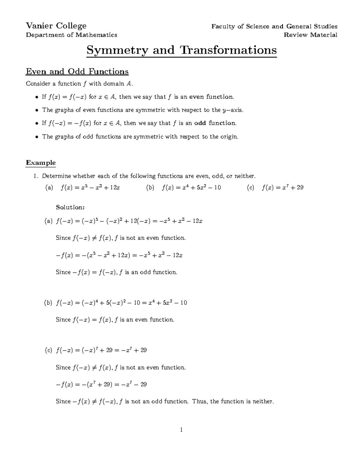 Ch08 Math Review: Symmetry & Transformations of Functions - Studocu