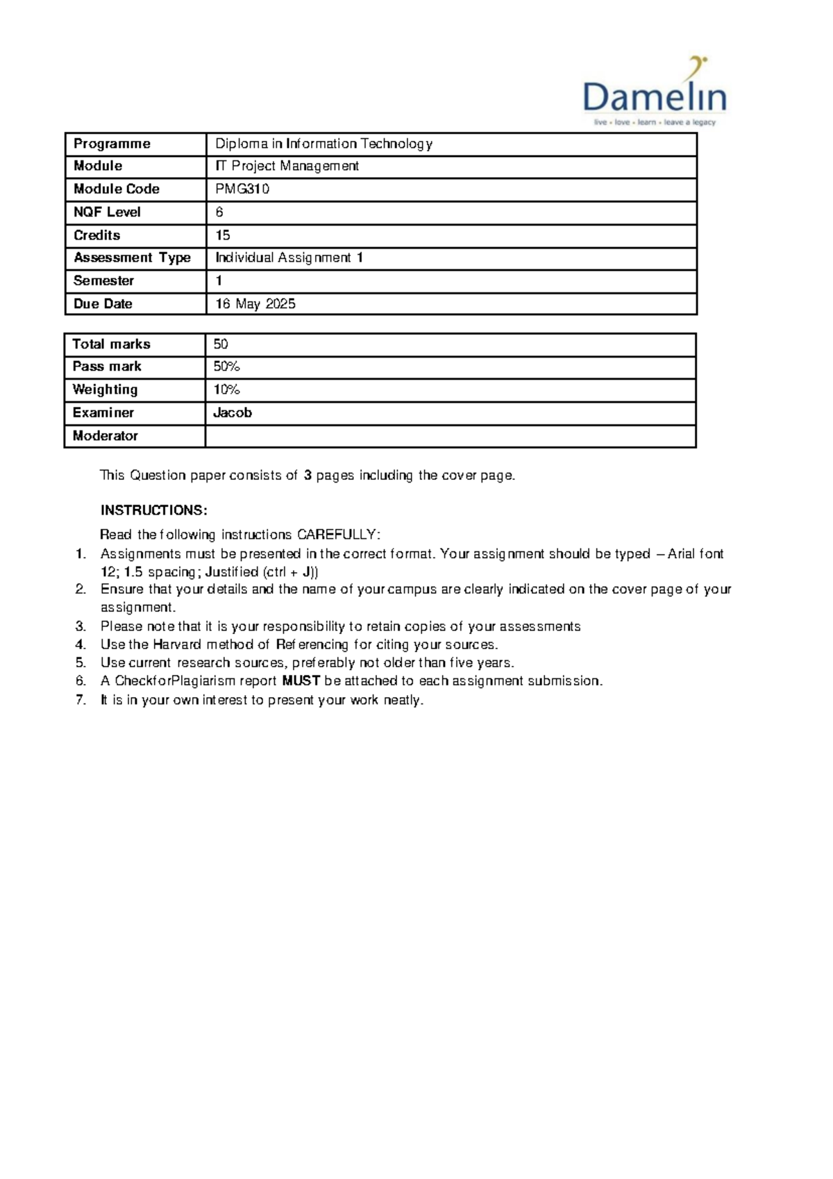 IT Project Management Assignment 1 - PMG310 NQF Level 6 - Studocu