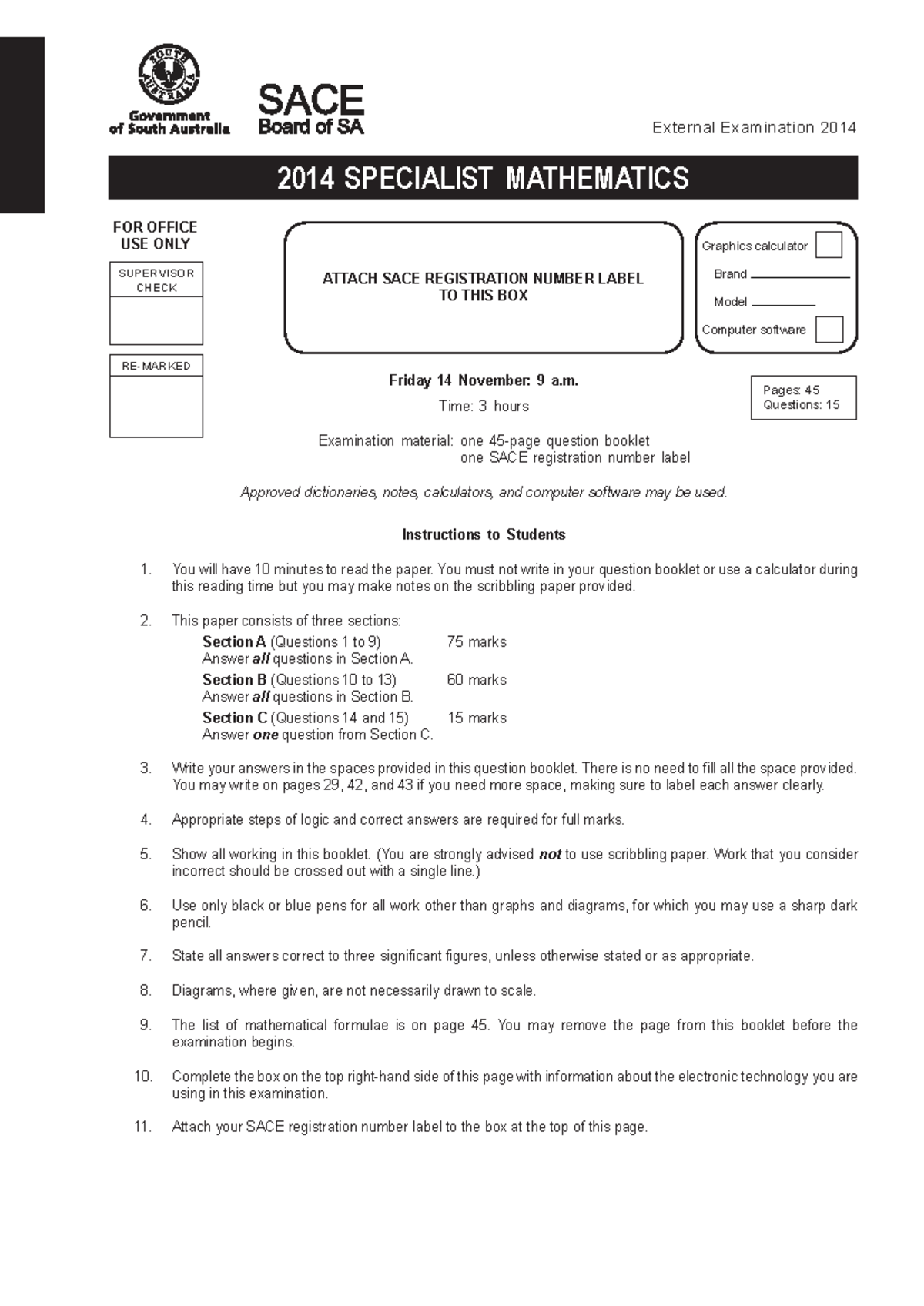 2014 Specialist Mathematics Final Exam Paper - External Examination ...