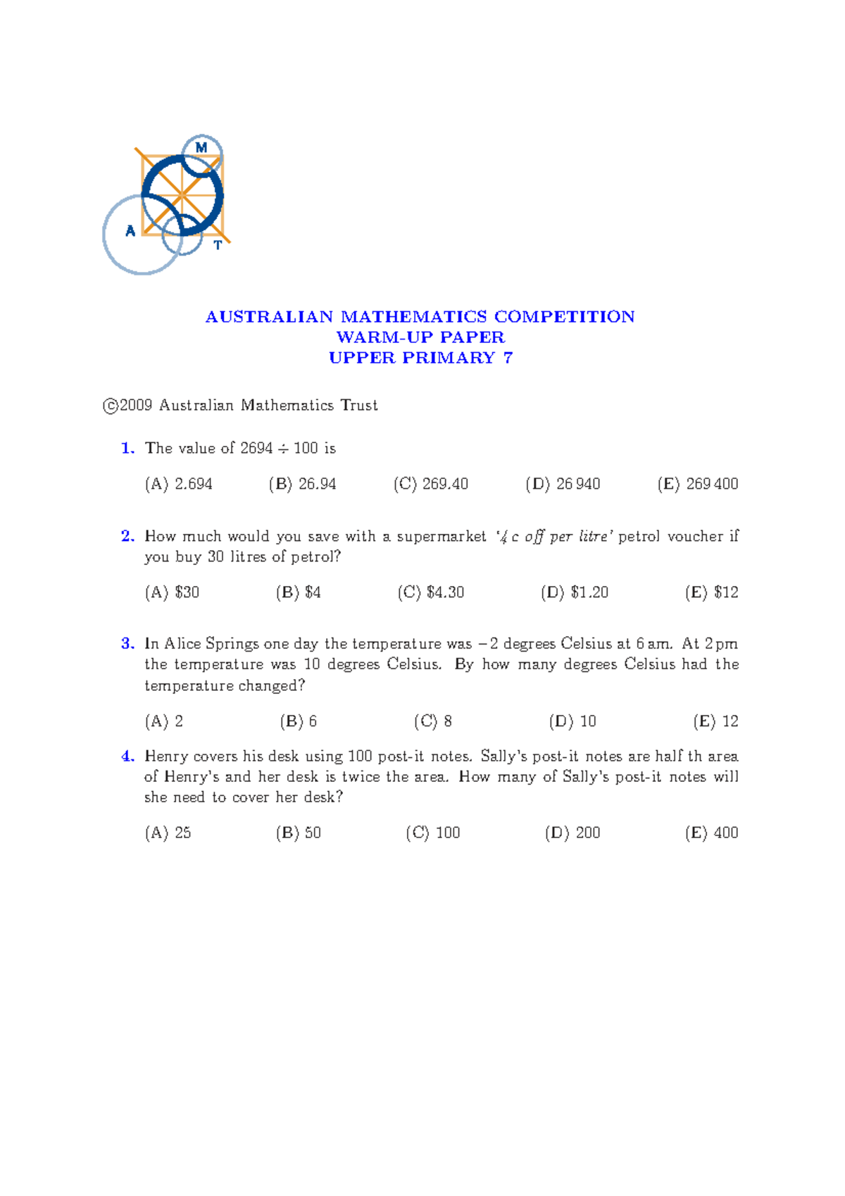Australian Mathematics Competition (AMC) Warm-Up Paper 7 - Upper ...