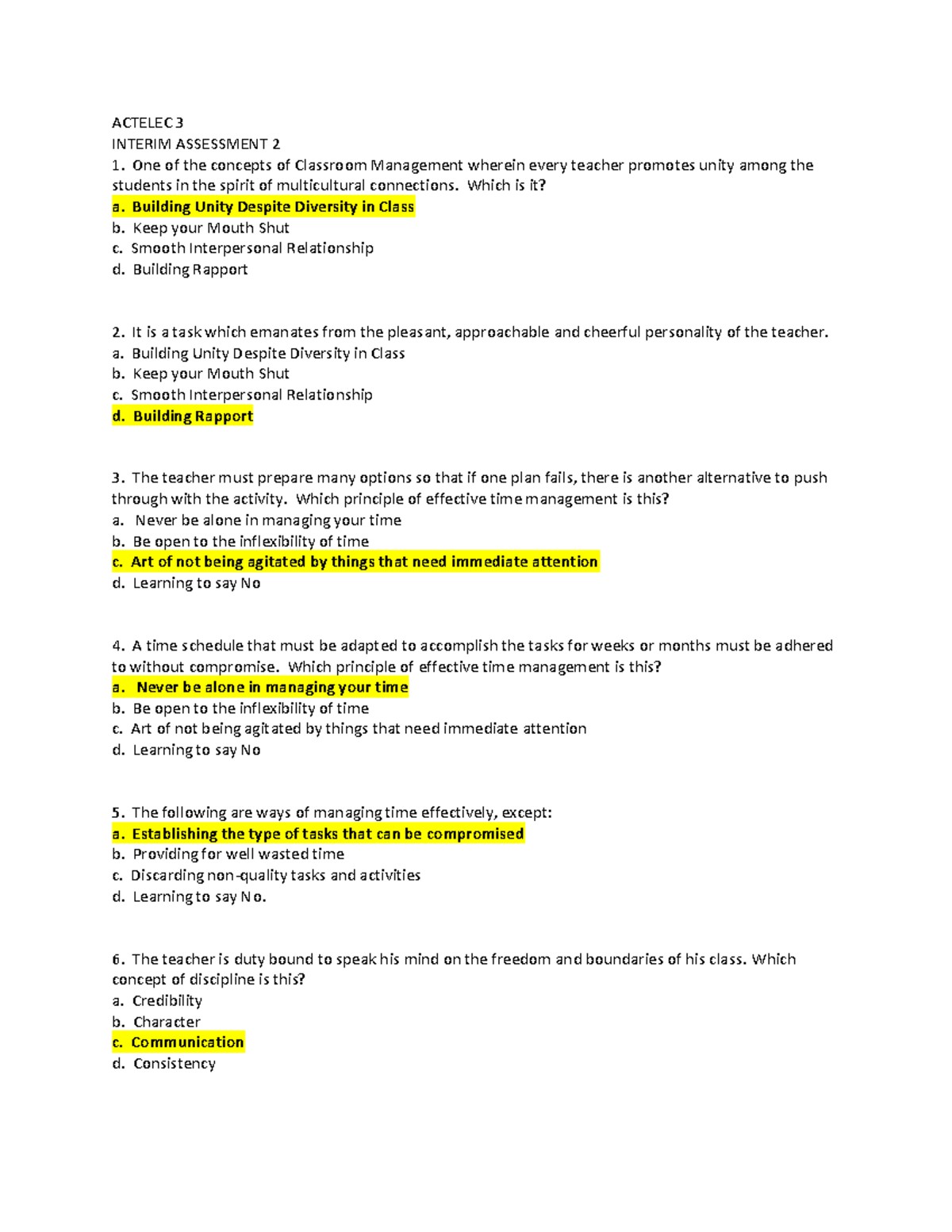 Interim Assessment 2 answer key - ACTELEC 3 INTERIM ASSESSMENT 2 One of ...
