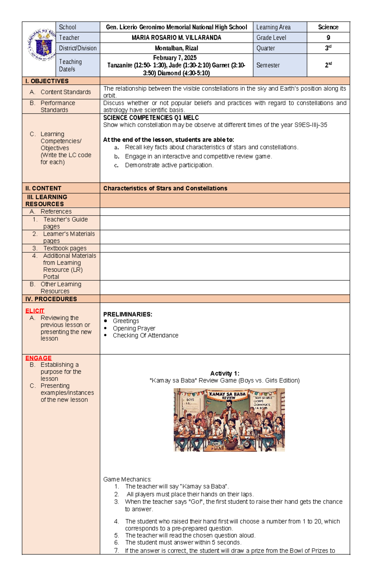 Grade 9 Science Lesson Plan: Constellations & Stars (Q3) - Studocu