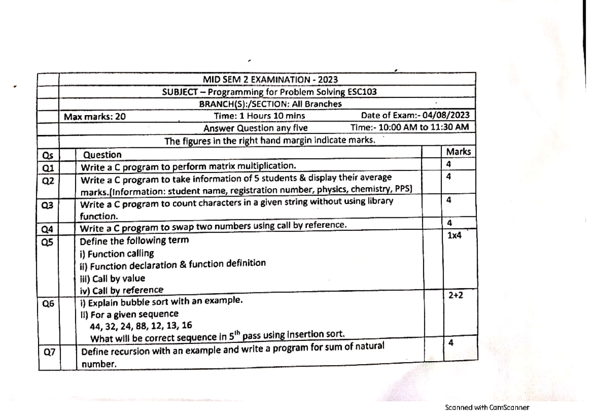 PPS Mid Sem 2 - cad - MID SEM 2 EXAMINATION 2023 SUBJECT Programming ...