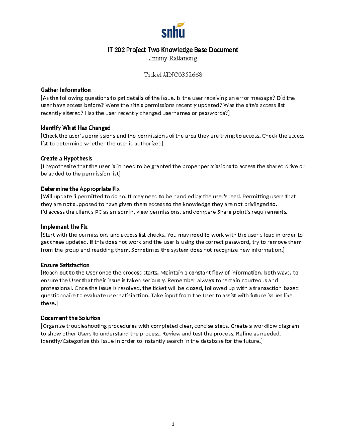 IT 202 Project Two Knowledge Base Document 5 trouble Tickets - IT 202 Project Two Knowledge Base ...