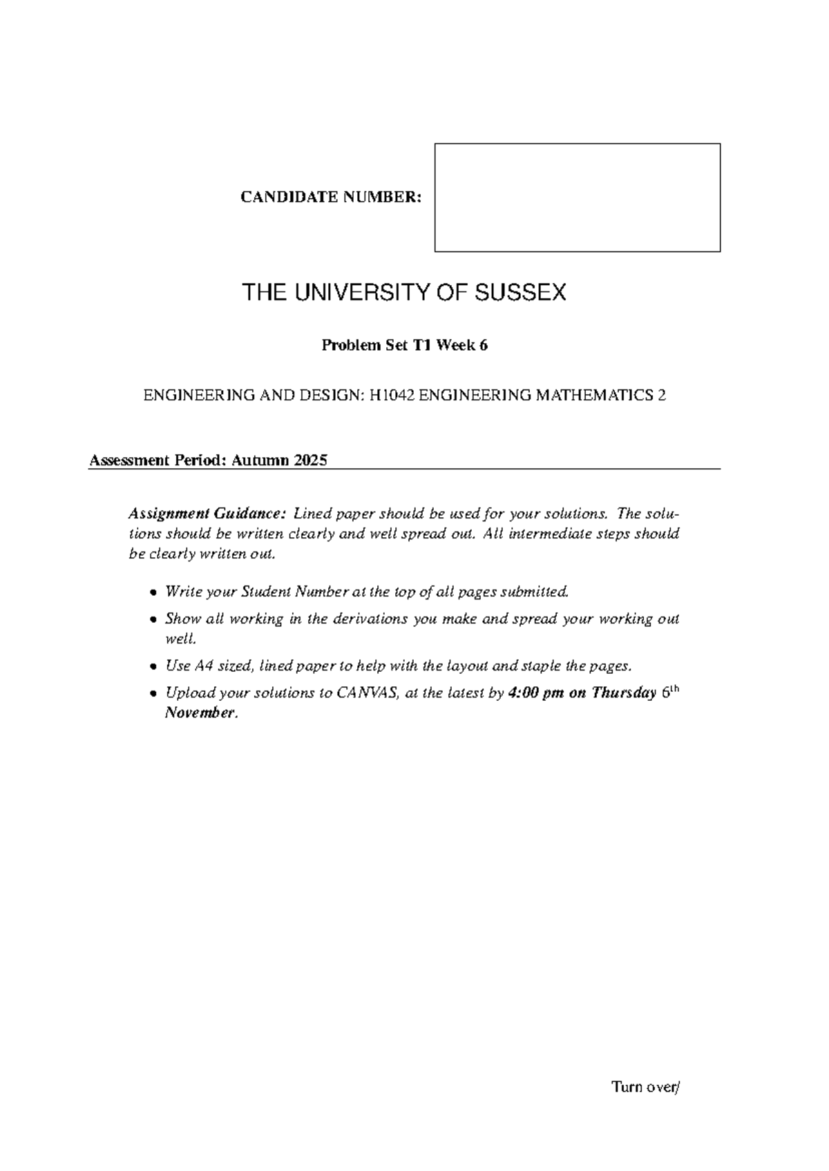 Midterm Problem Set T1 Week 6 H1042 Engineering Mathematics 2 - Studocu