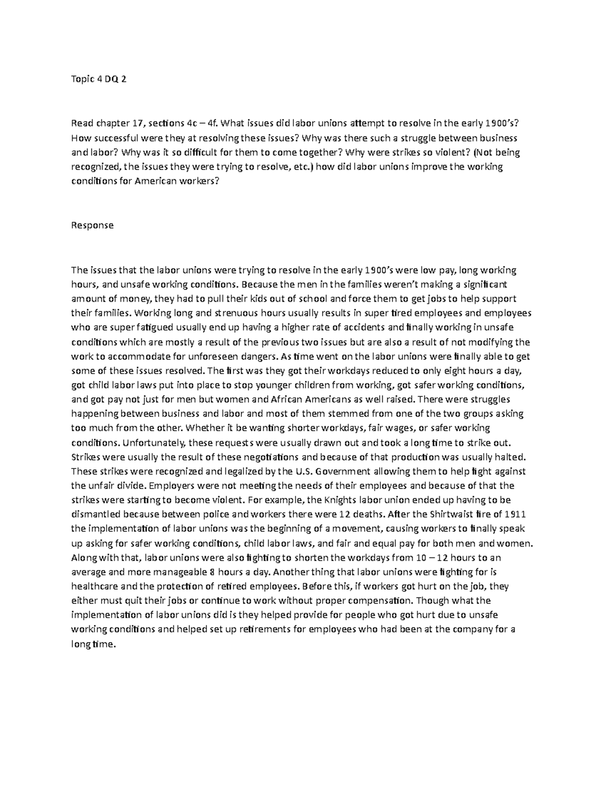 Labor Unions in the Early 1900s: Successes and Struggles DQ 2 - Studocu