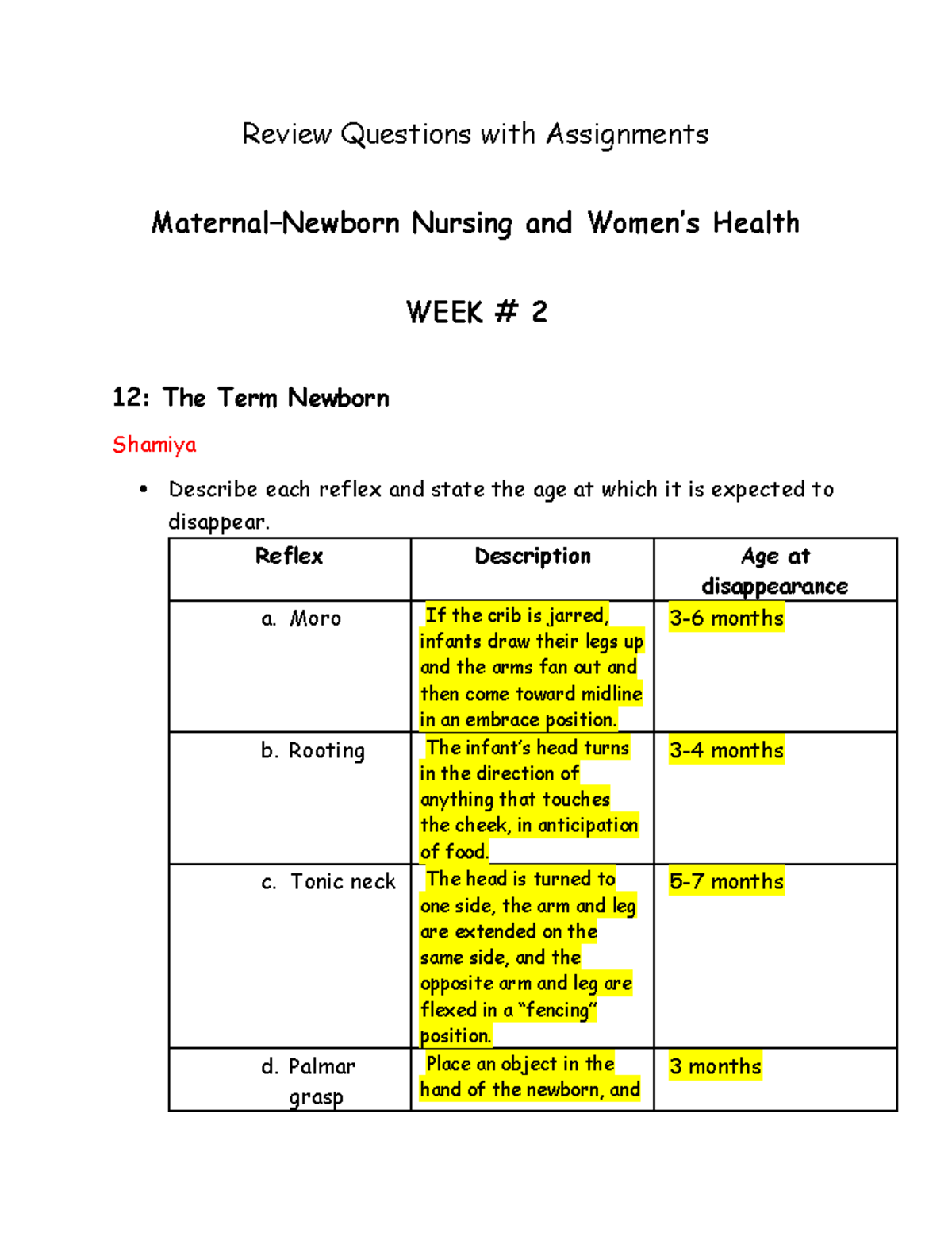 Week 2 questions - Notes - Review Questions with Assignments Maternal ...