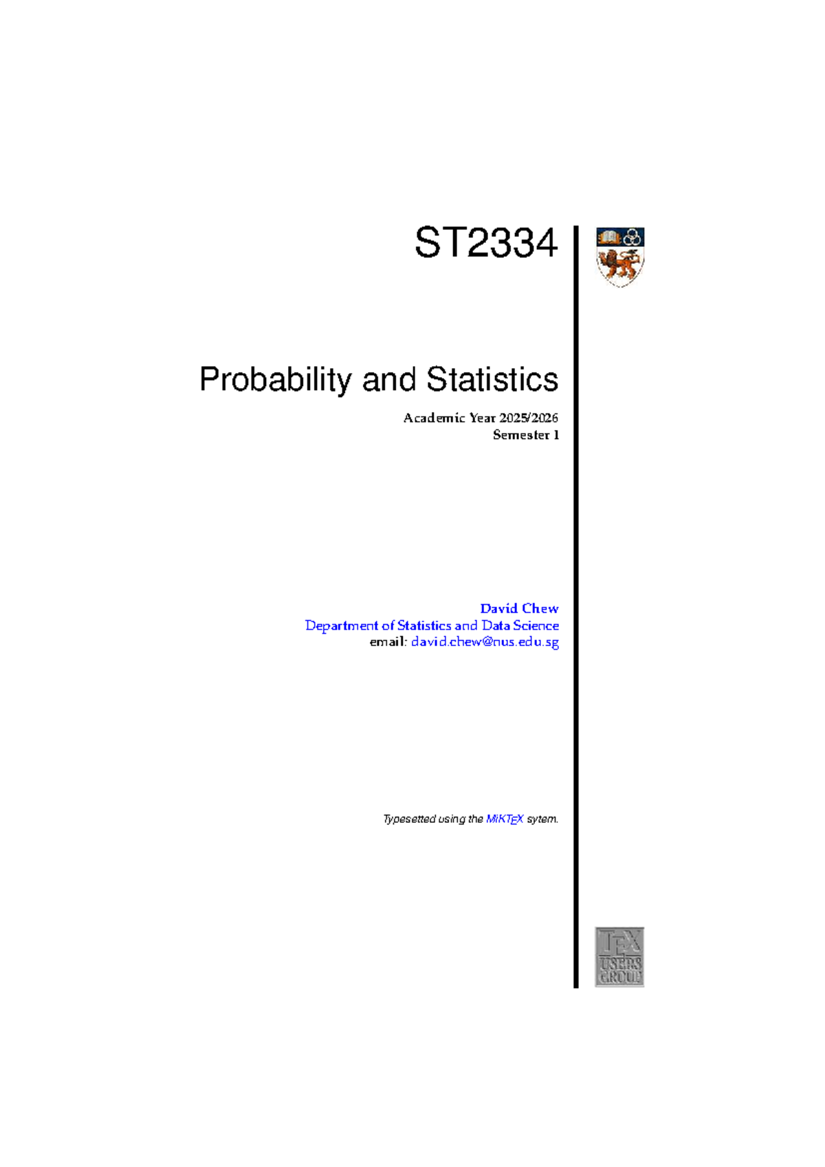 ST2334 Probability and Statistics Lecture Notes - Semester I - Studocu