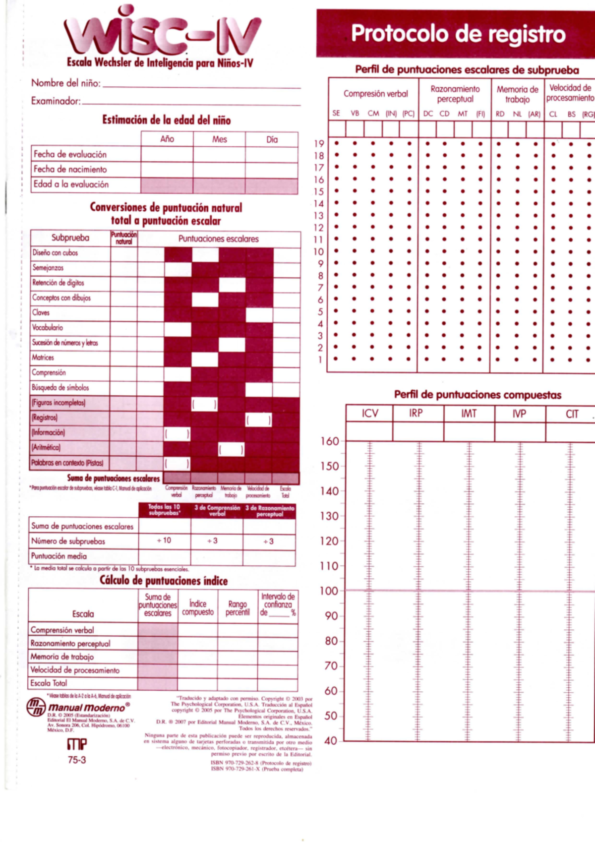 Protocolo WISC IV - Evaluación - Protocolo de registro Escala Wechsler ...