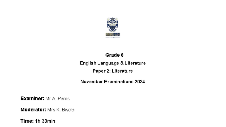 Grade 8 English Literature Paper 2: November 2024 Exam Questions - Studocu